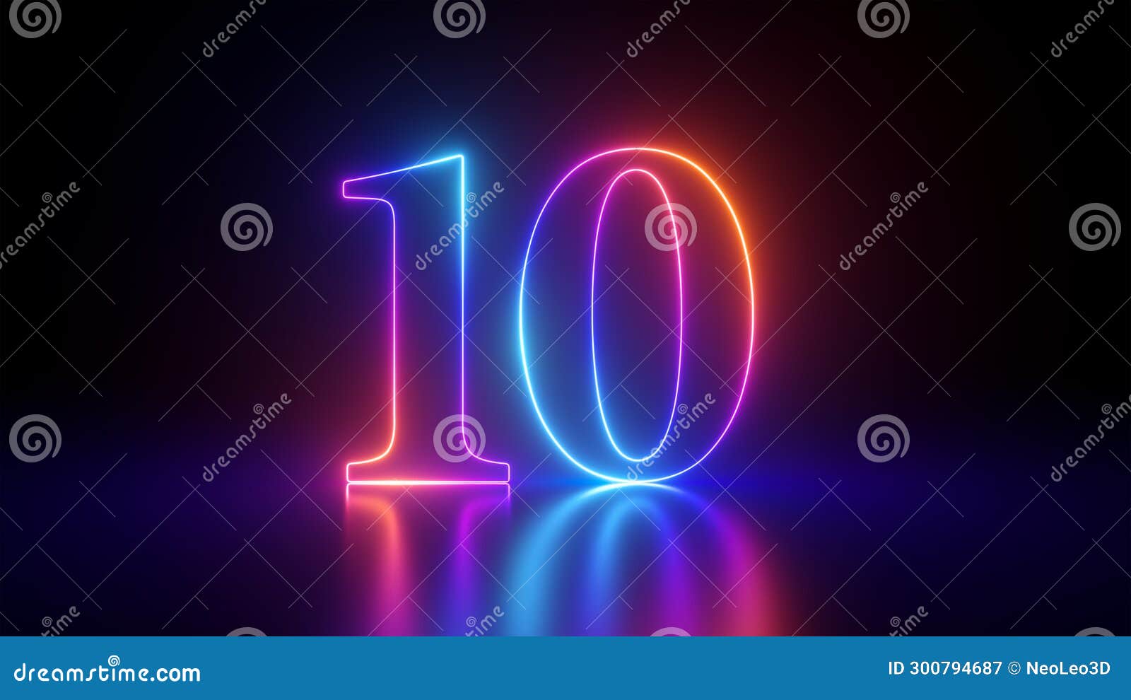 3d Render, Abstract Linear Neon Number Ten, Glowing Digit Isolated on ...