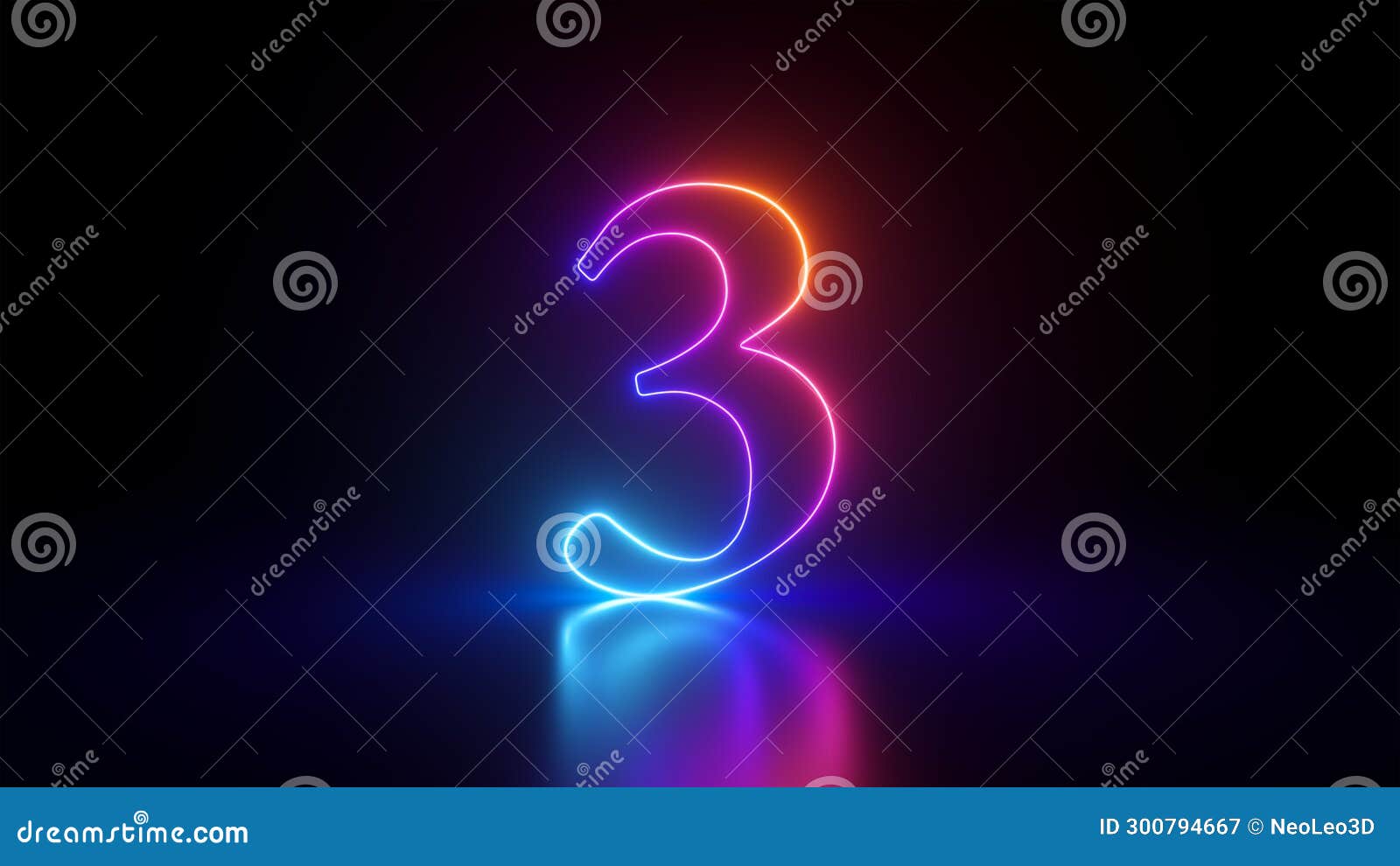 3d Render, Abstract Linear Neon Number Three, Glowing Digit Isolated on ...