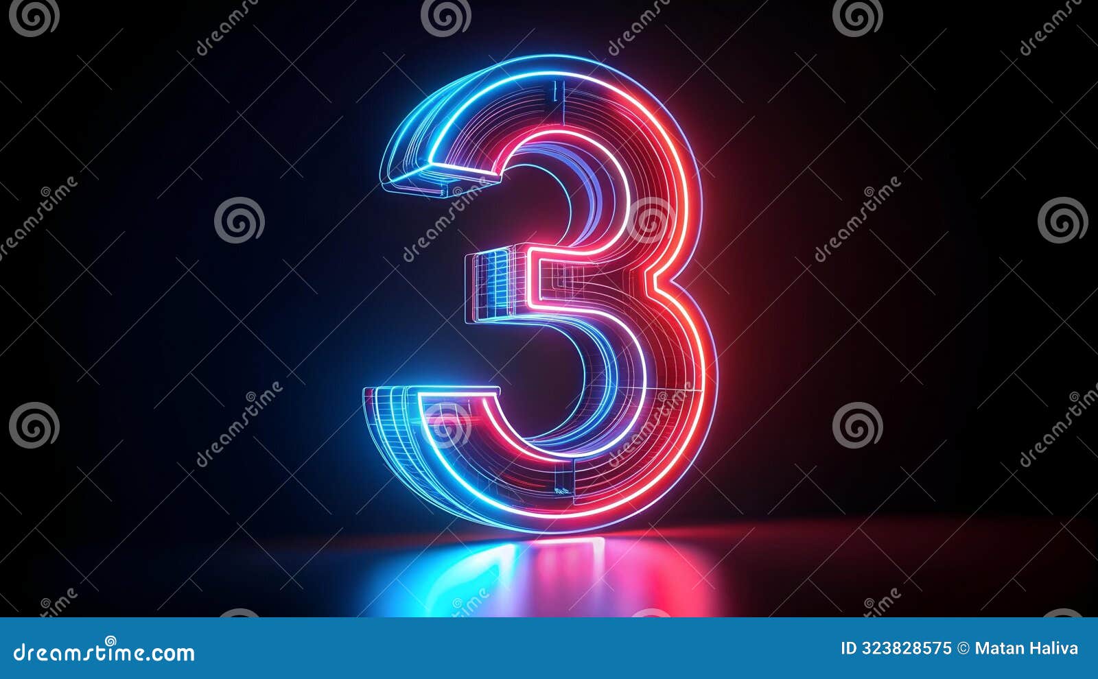 3d Render, Abstract Linear Neon Number Three, Glowing Digit Isolated on ...