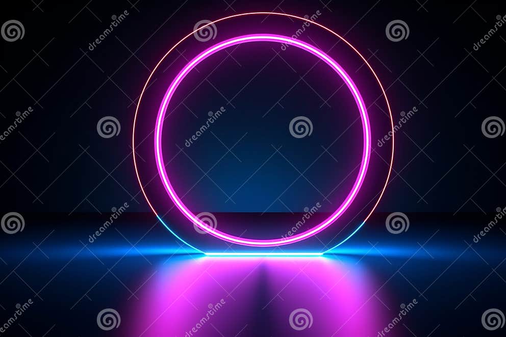 3d Render, Abstract Neon Background with Fluorescent Ring, Blank Round ...