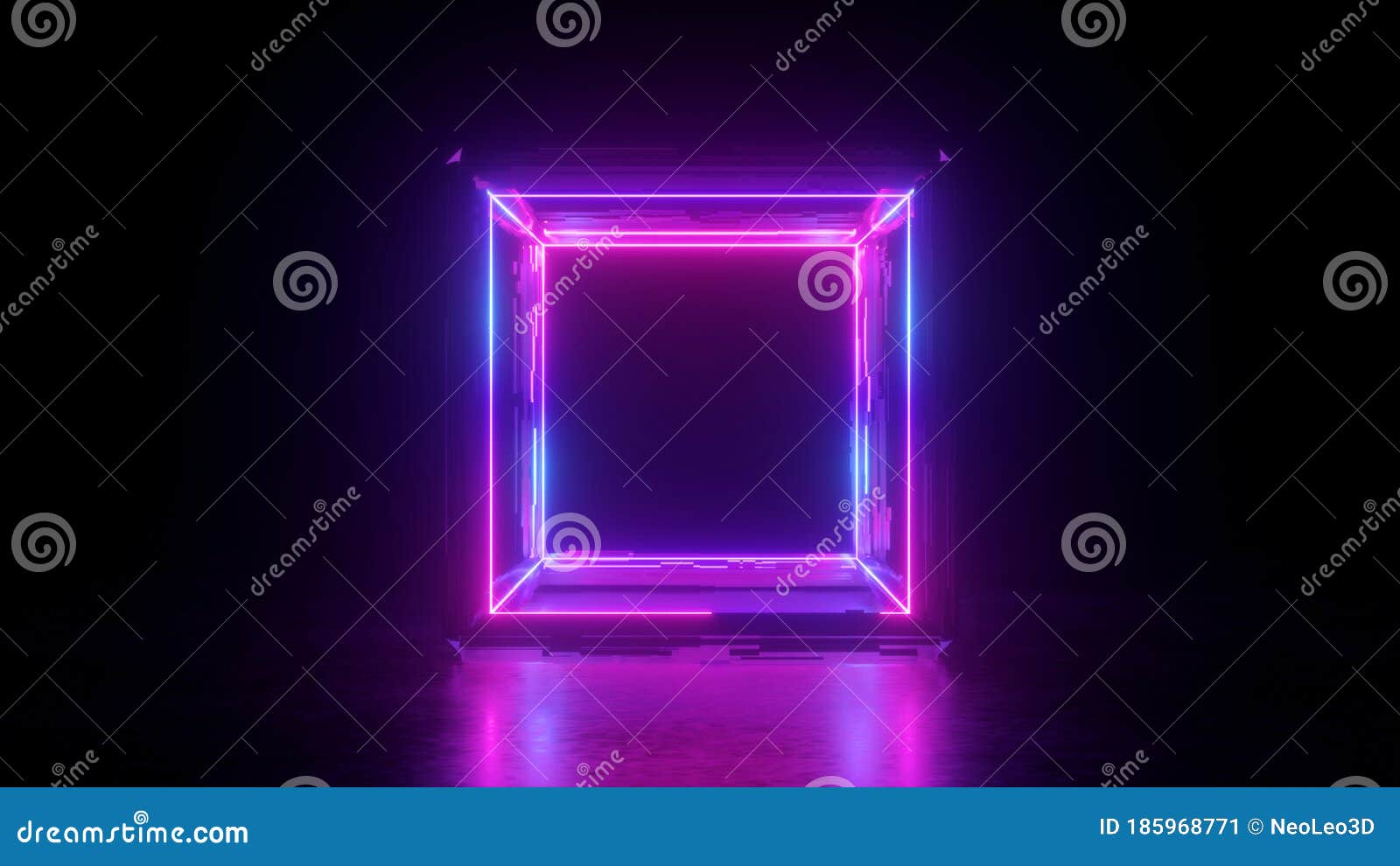 3d Render, Abstract Neon Background, Square Shape Box, Blank Frame ...