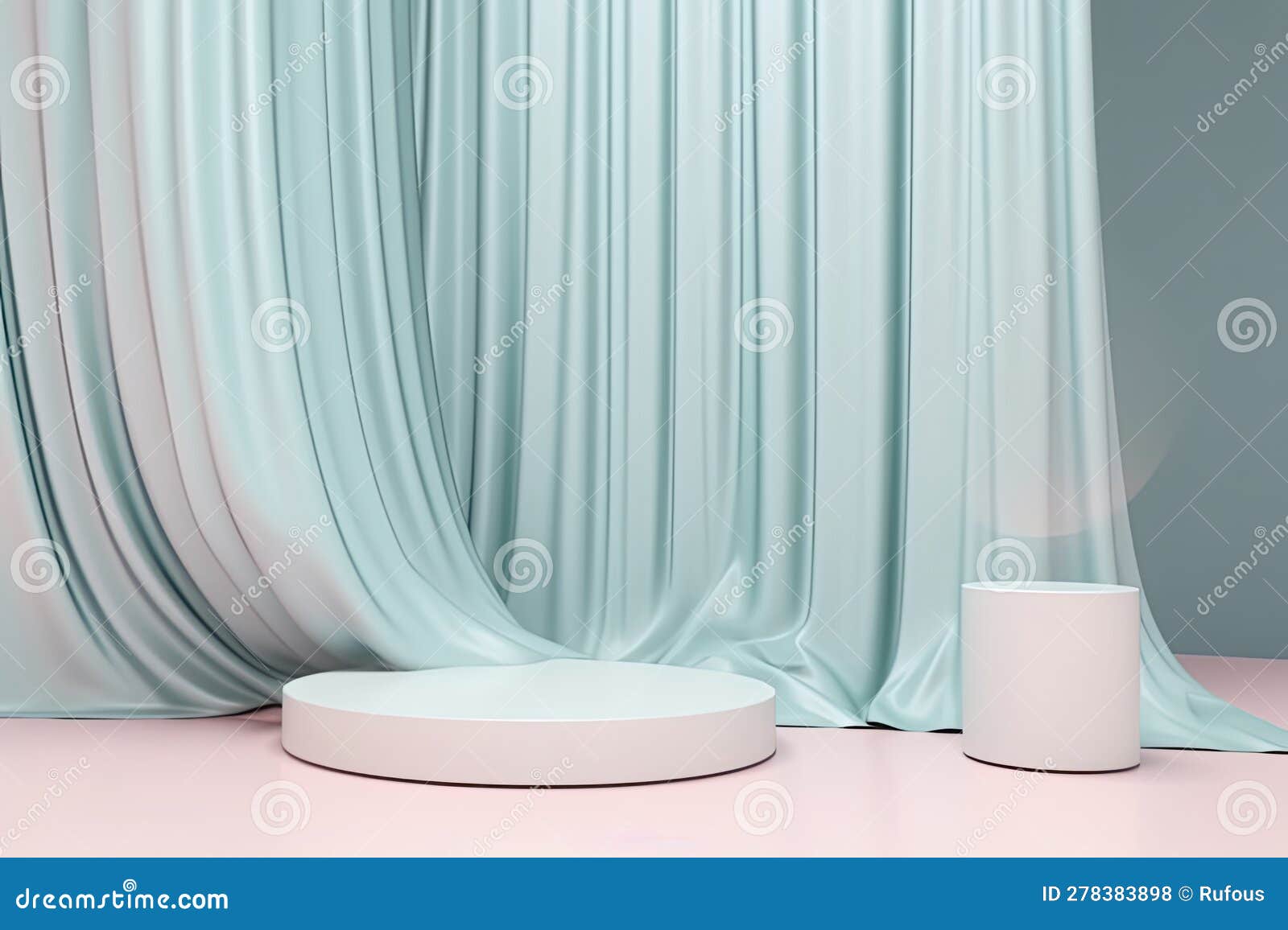3d Render Abstract Platform Podium on Water and Waving Curtains ...