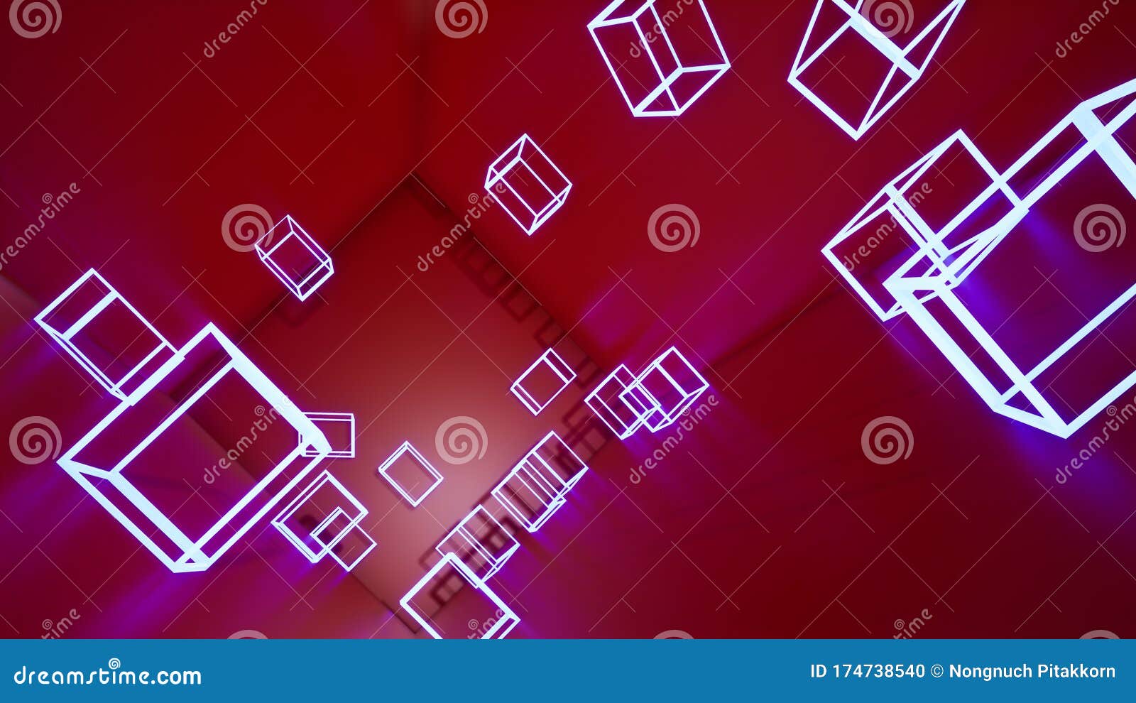 3d Render, Abstract Red Background with Neon Cubes Stock Illustration ...