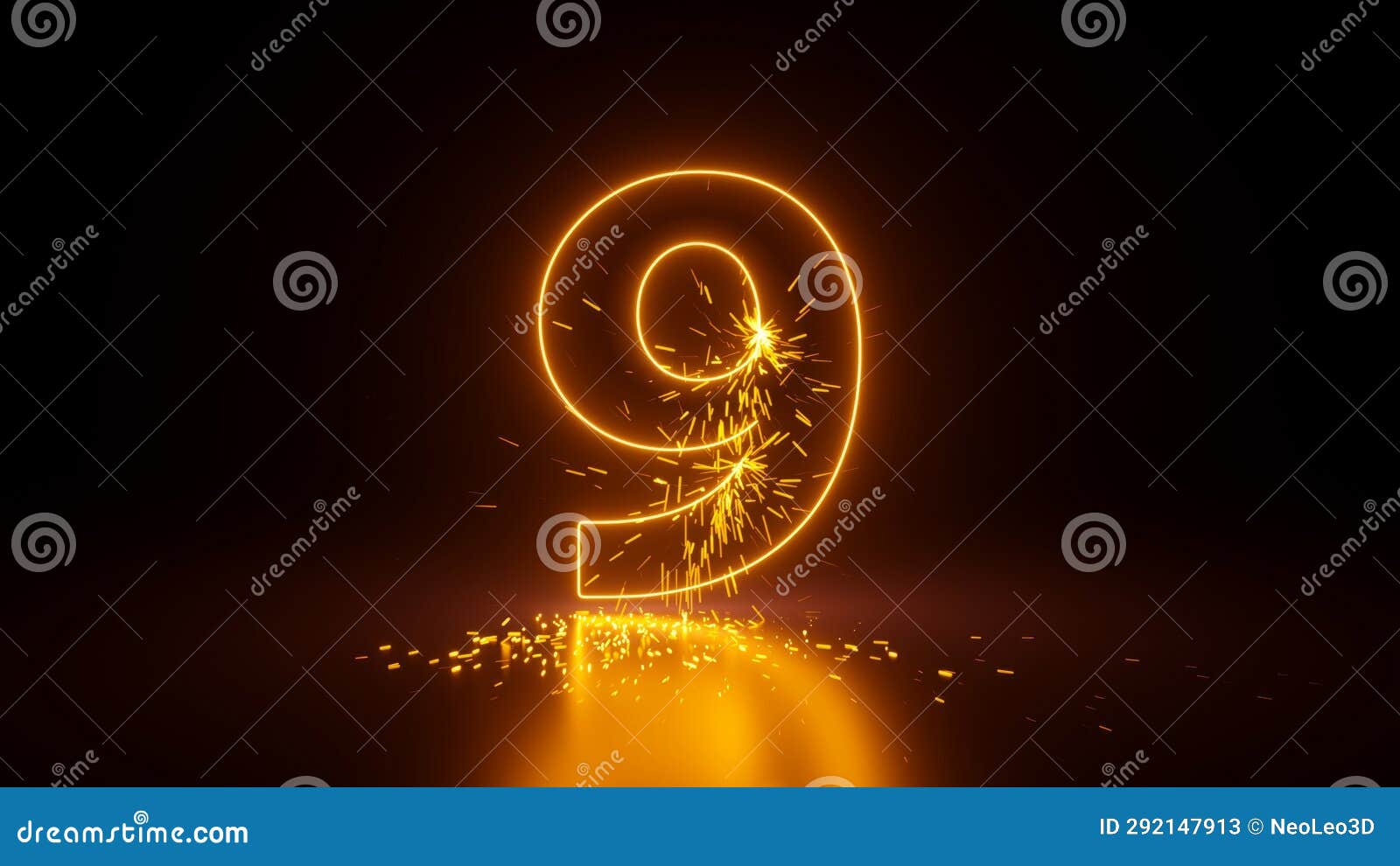 3d Render, Abstract Sparkling Linear Number Nine, Glowing Digit 9 ...