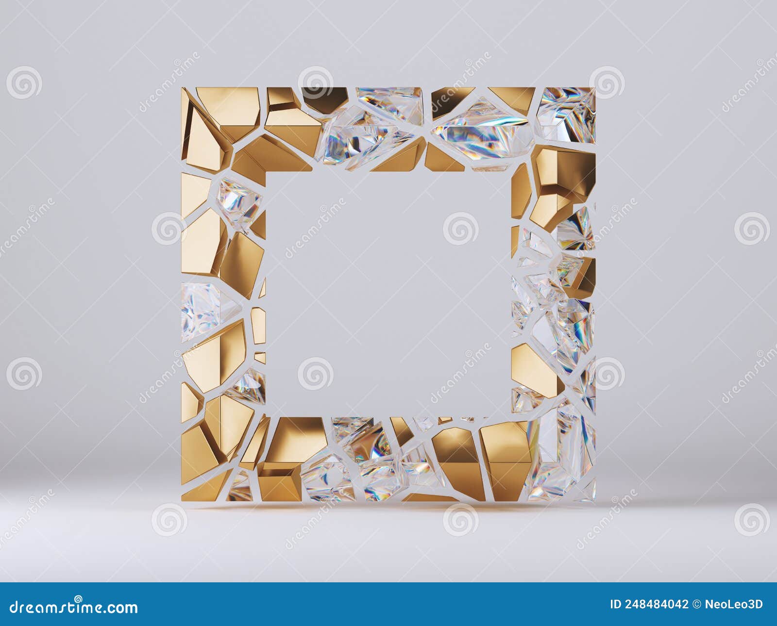 3d Render, Abstract Square Frame, Split into Crystal and Gold Mosaic ...
