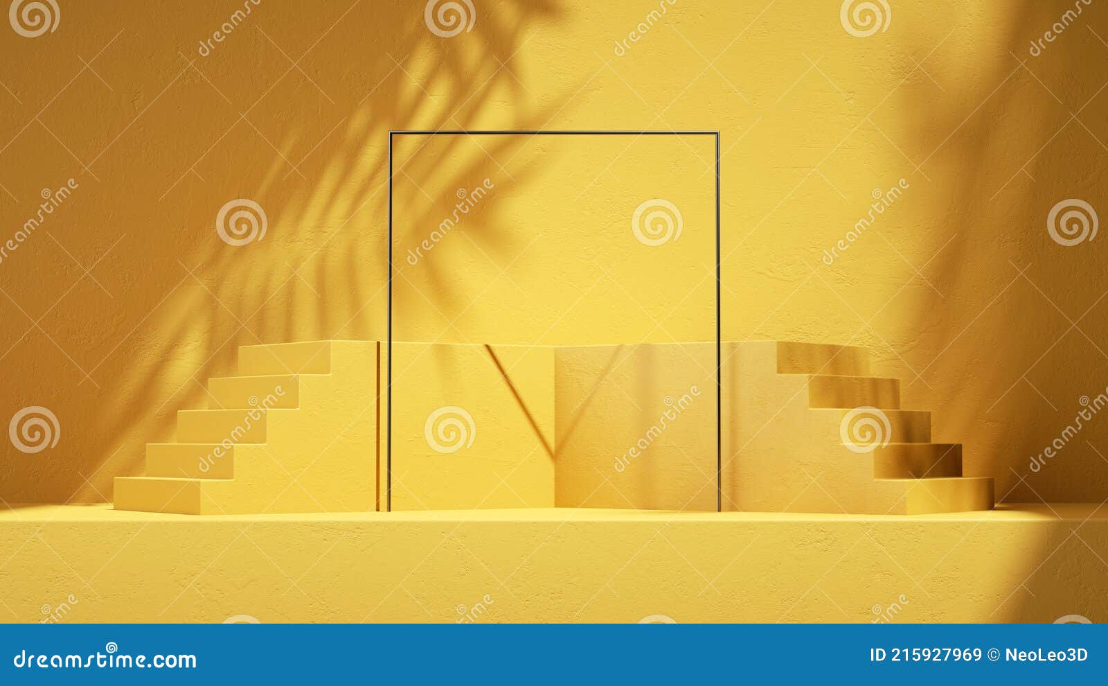 3d Render, Abstract Sunny Yellow Background with Steps, Square Frame ...