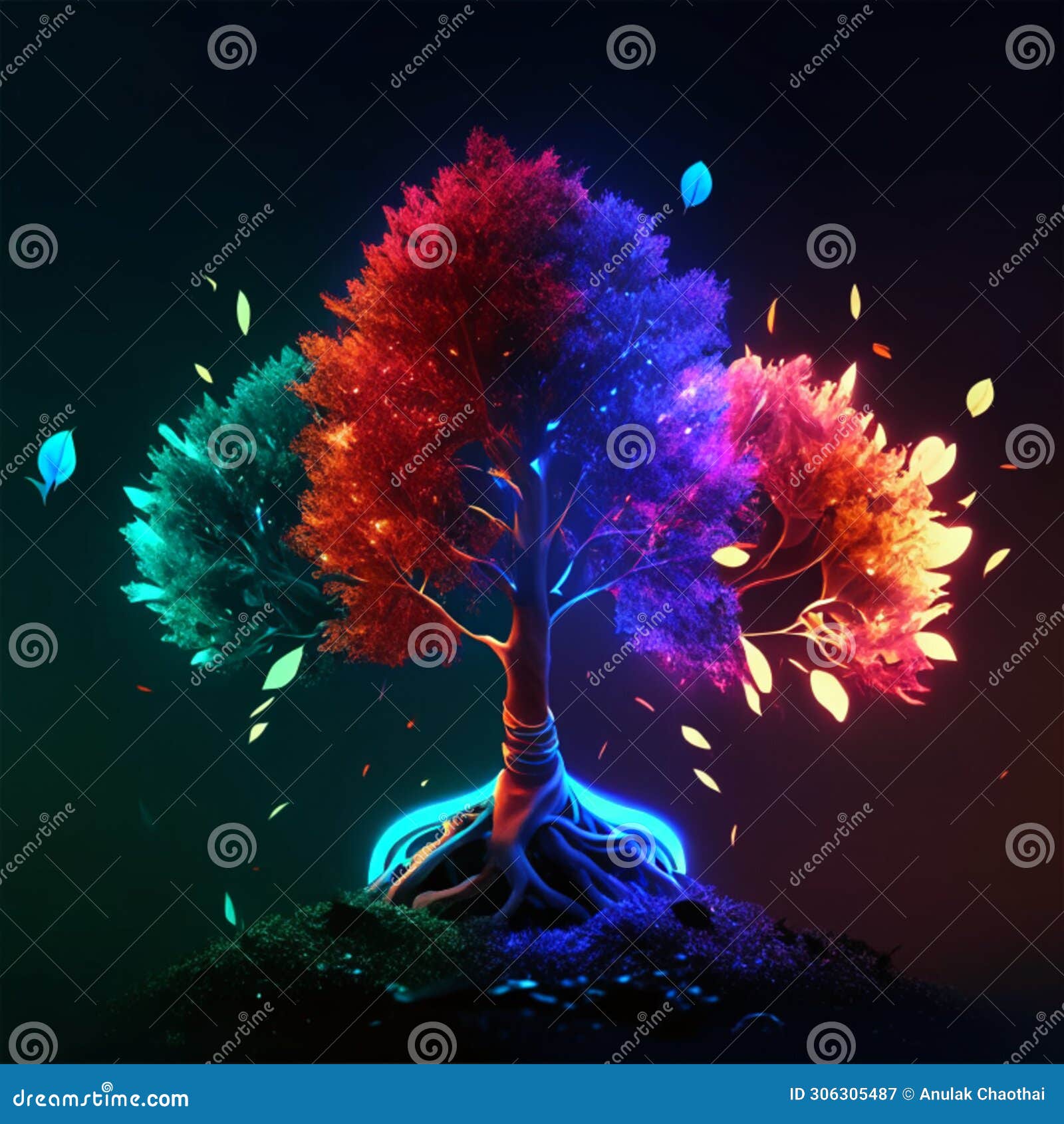 3d Render, Abstract Tree with a Neon Light on a Dark Background ...