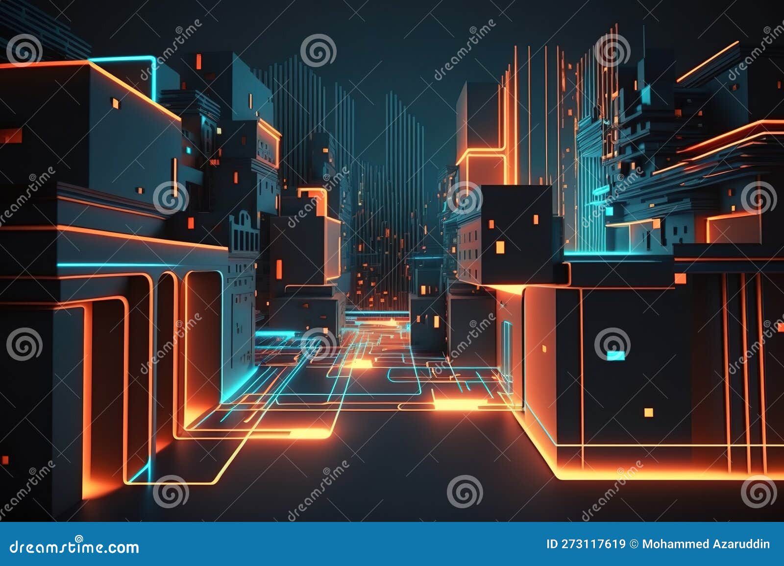 3d Render, Abstract Urban Background with Glowing Neon Light, Virtual ...