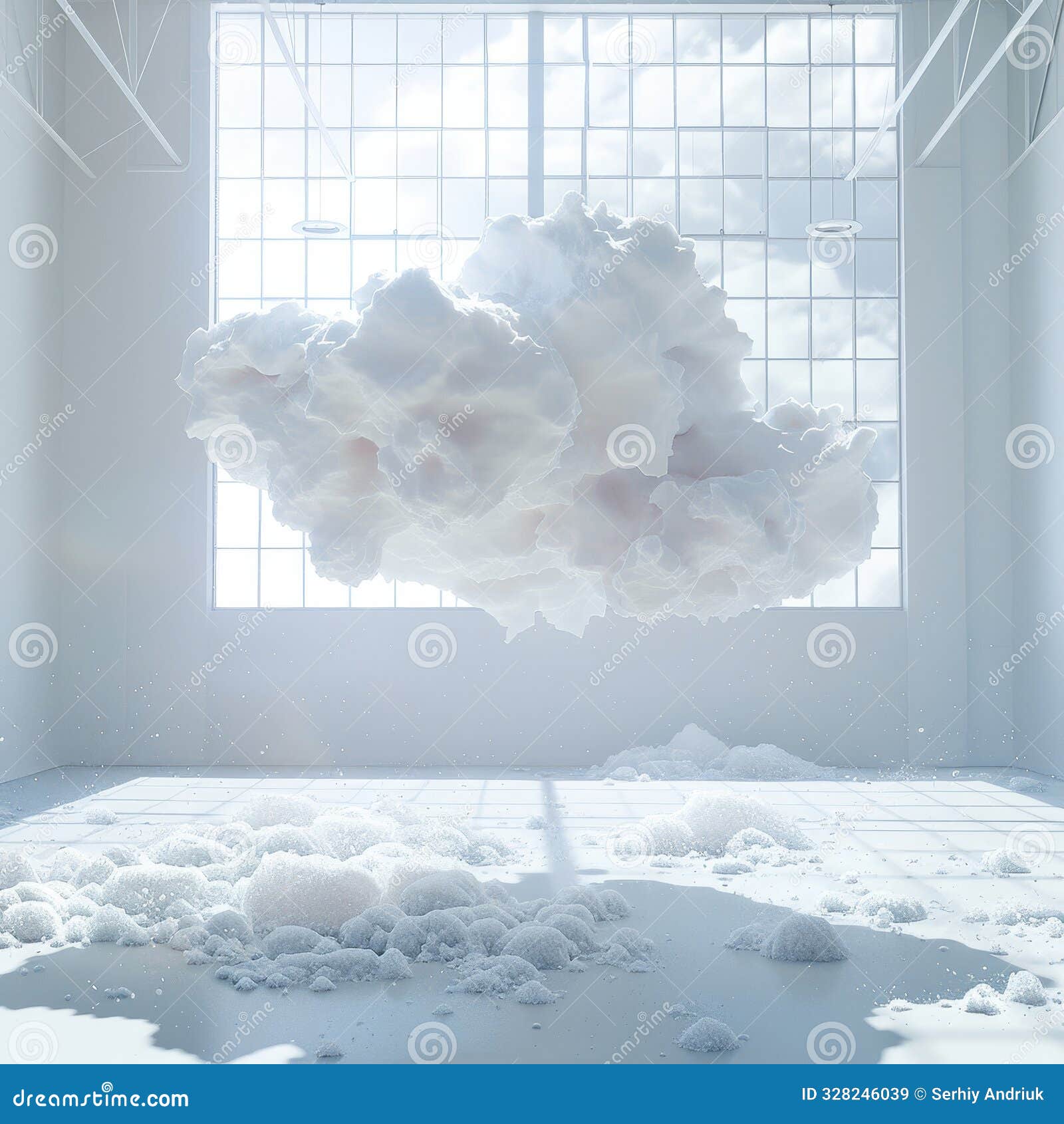 3d Render of Abstract White Cloud in Empty Room with Window. Stock ...