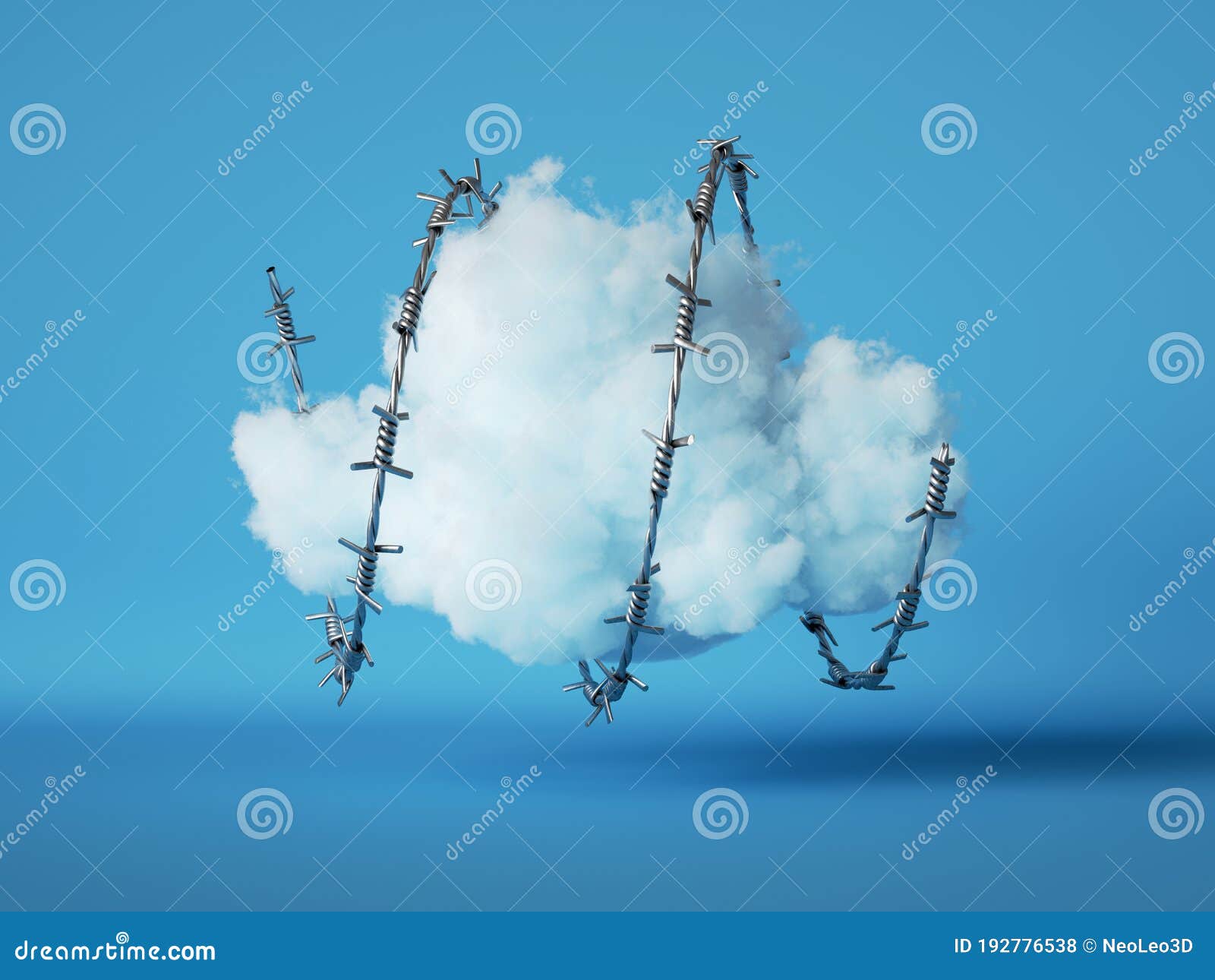3d Render, Abstract White Fluffy Cloud Wrapped with Spiral Barbed Wire ...