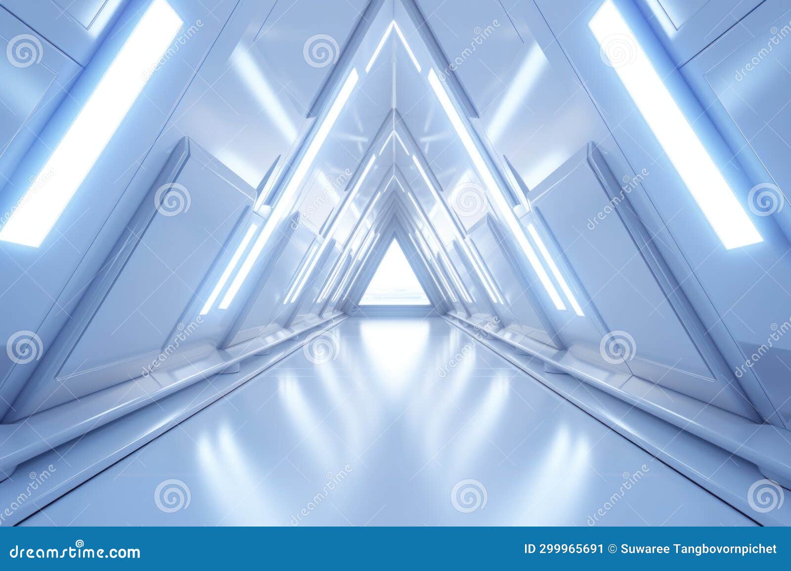 3d Render Abstract White Triangle Spaceship Corridor. Futuristic Tunnel ...