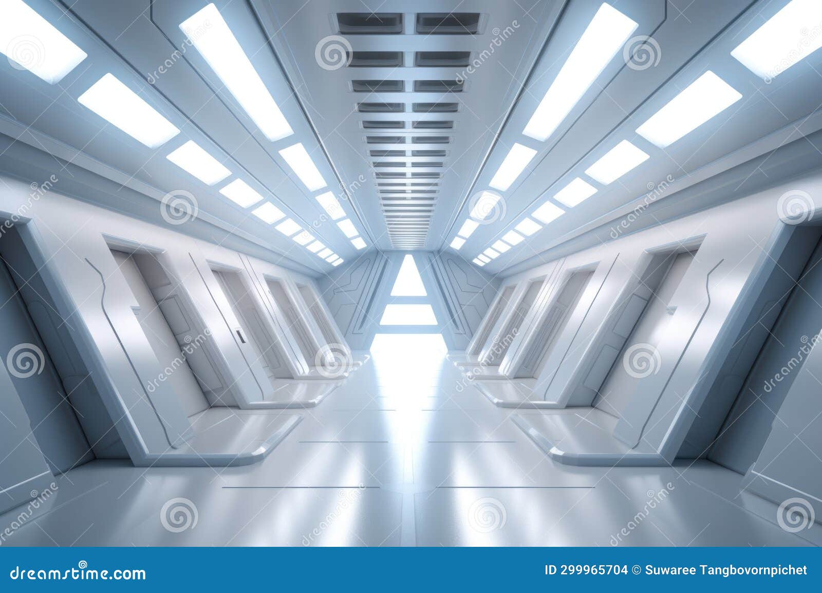 3d Render Abstract White Triangle Spaceship Corridor. Futuristic Tunnel ...