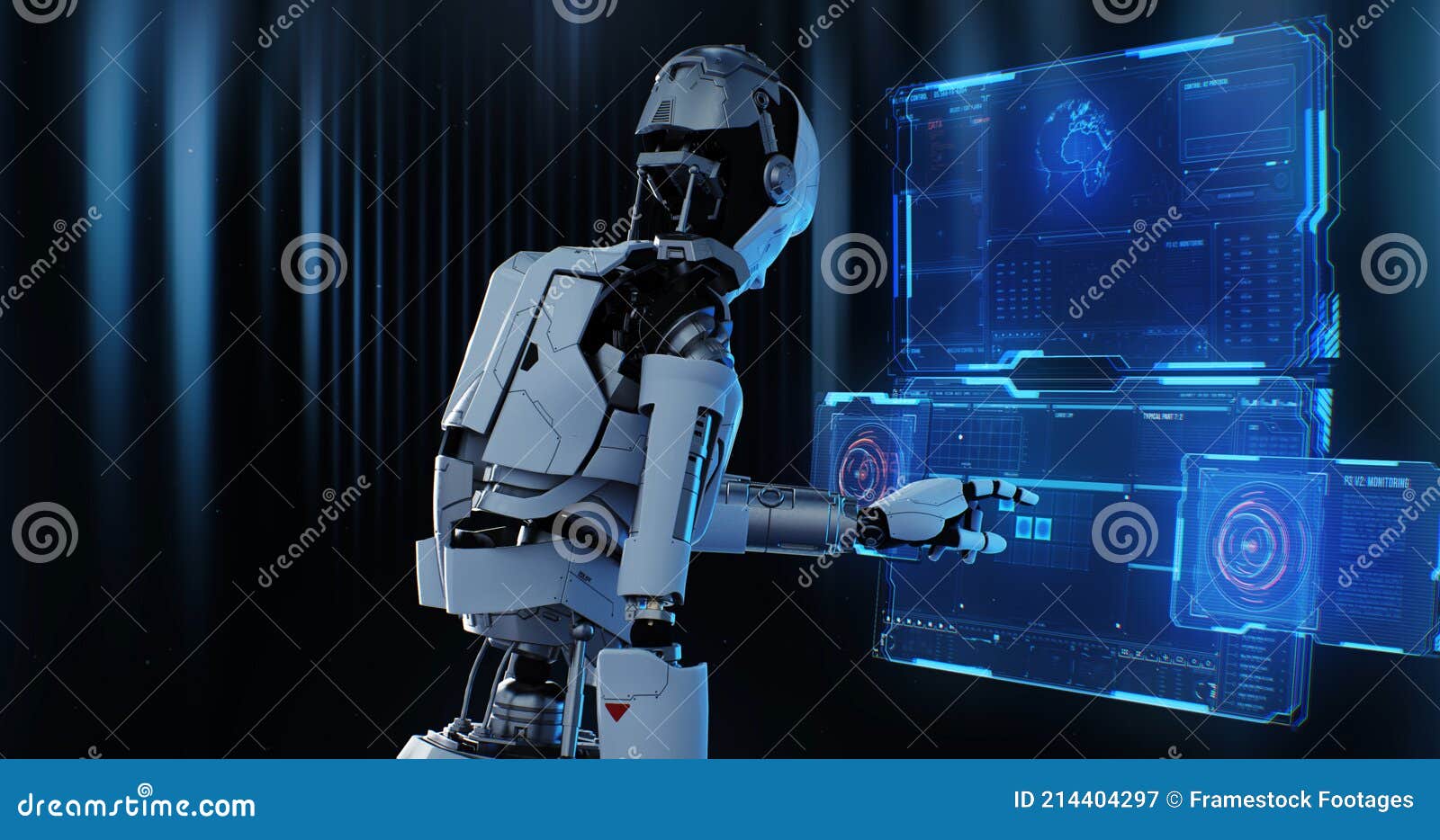 Robot Entering Code into Futuristic Computer Stock Illustration ...