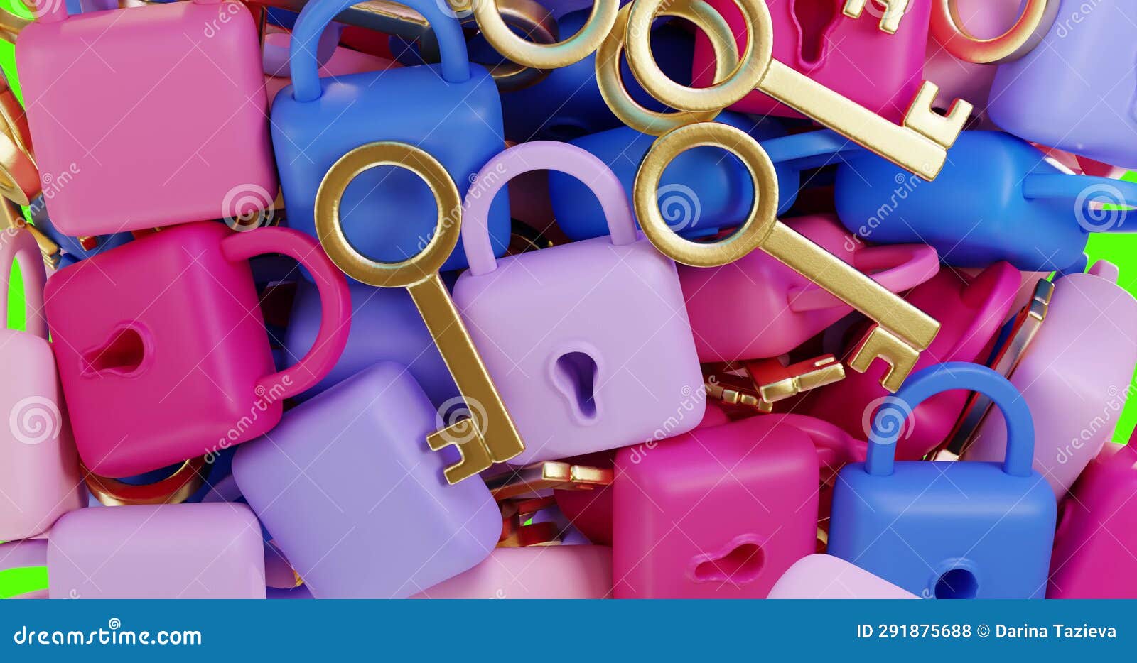 3d Render Animation of Bright Locks and Golden Keys Falling. Stock ...