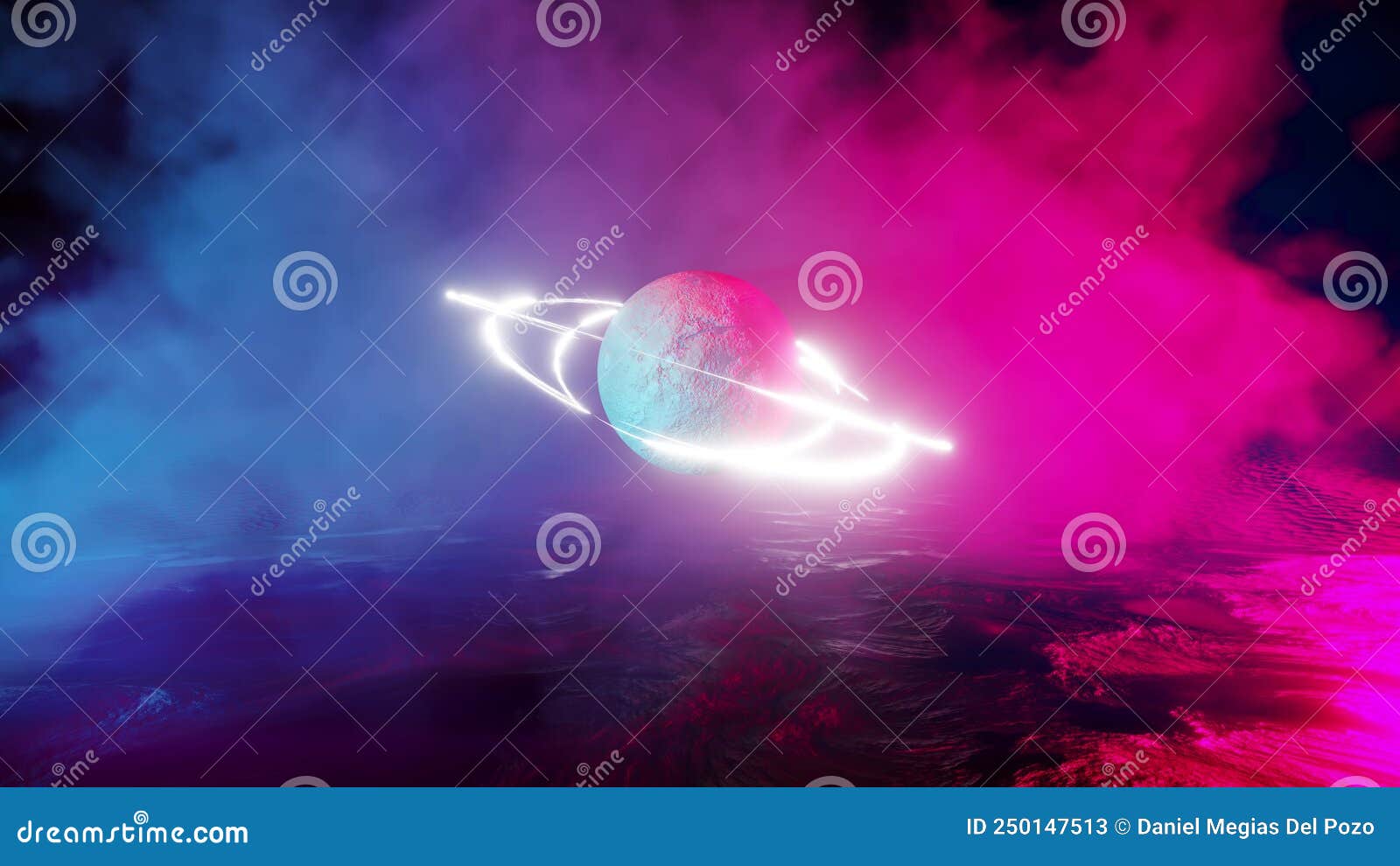 3D Render Animation. Sci-fi Background with a Planet with Glowing Ring ...