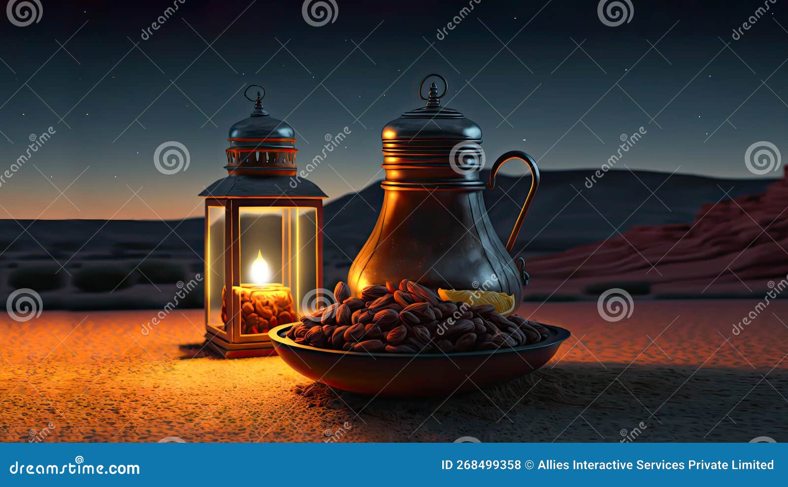 3D Render of Arabic Jug with Lit Lantern on Night Background. Stock ...