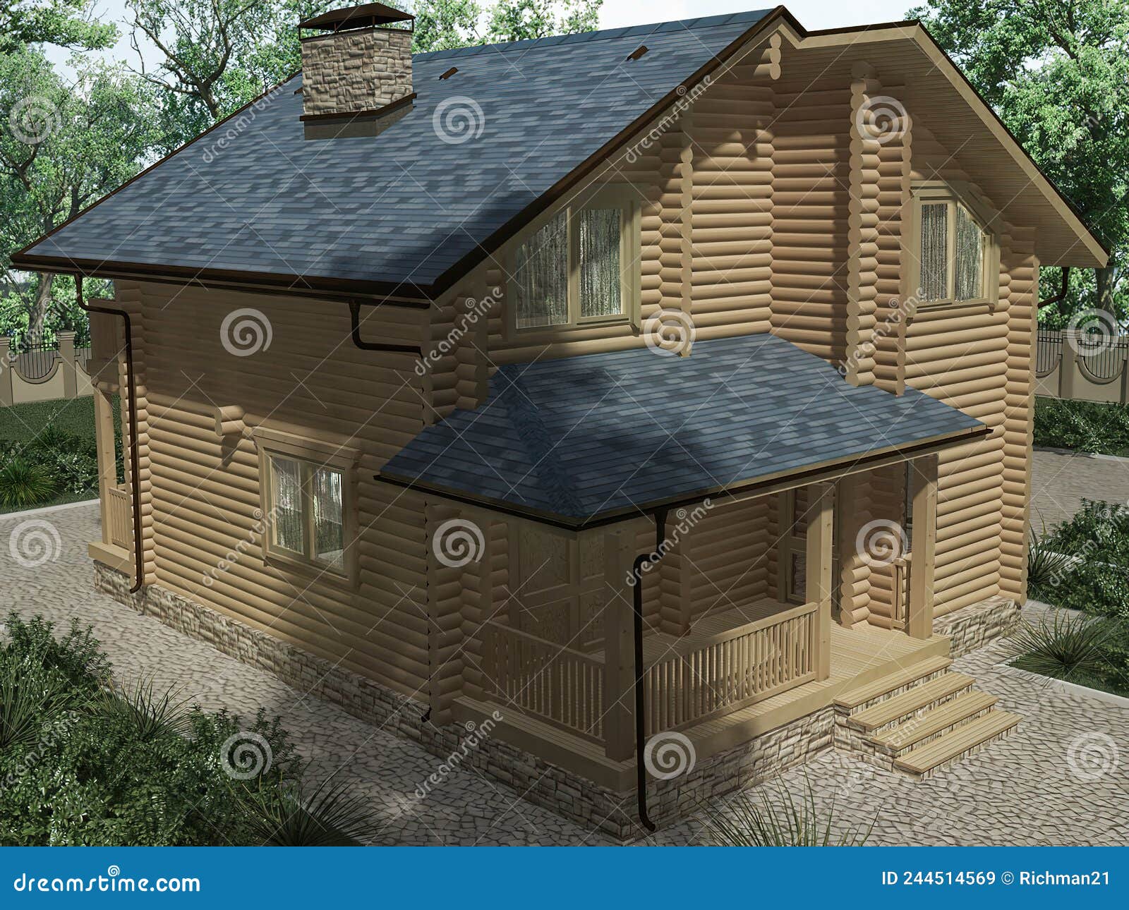 3d Render of an Architectural Project of a Wooden House from a Log ...