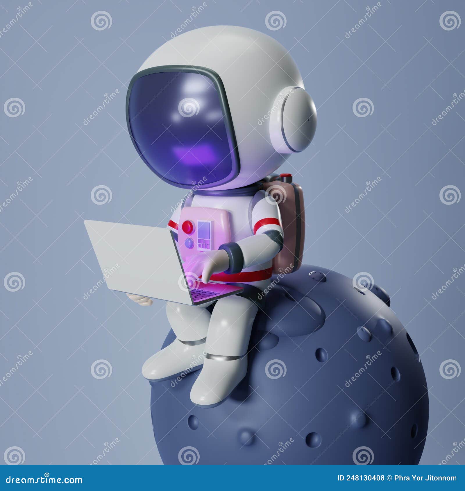 3D Render Astronauts Work on Laptops Sitting on Planets. Spaceman on ...