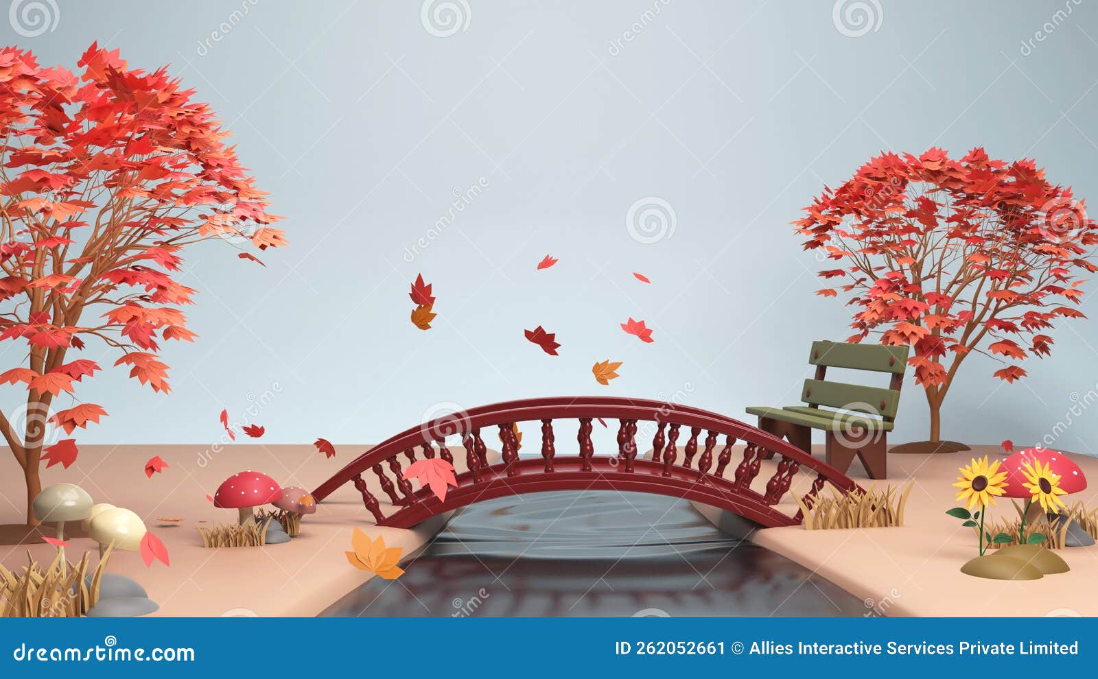 3D Render Autumn Bridge Background with Tree, Flying Leaves, Bench ...