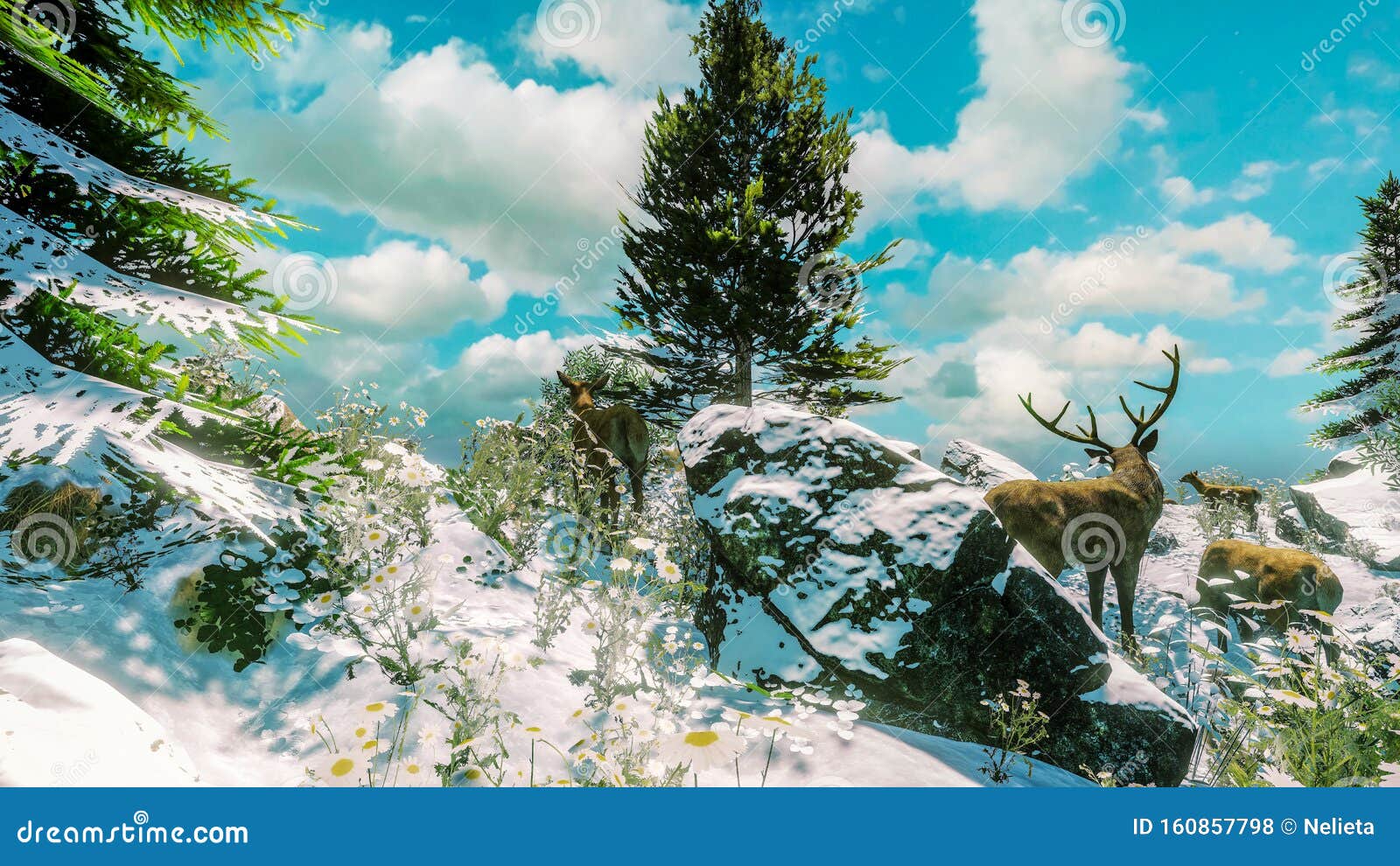3D winter scene with deer stock illustration. Illustration of mountains ...
