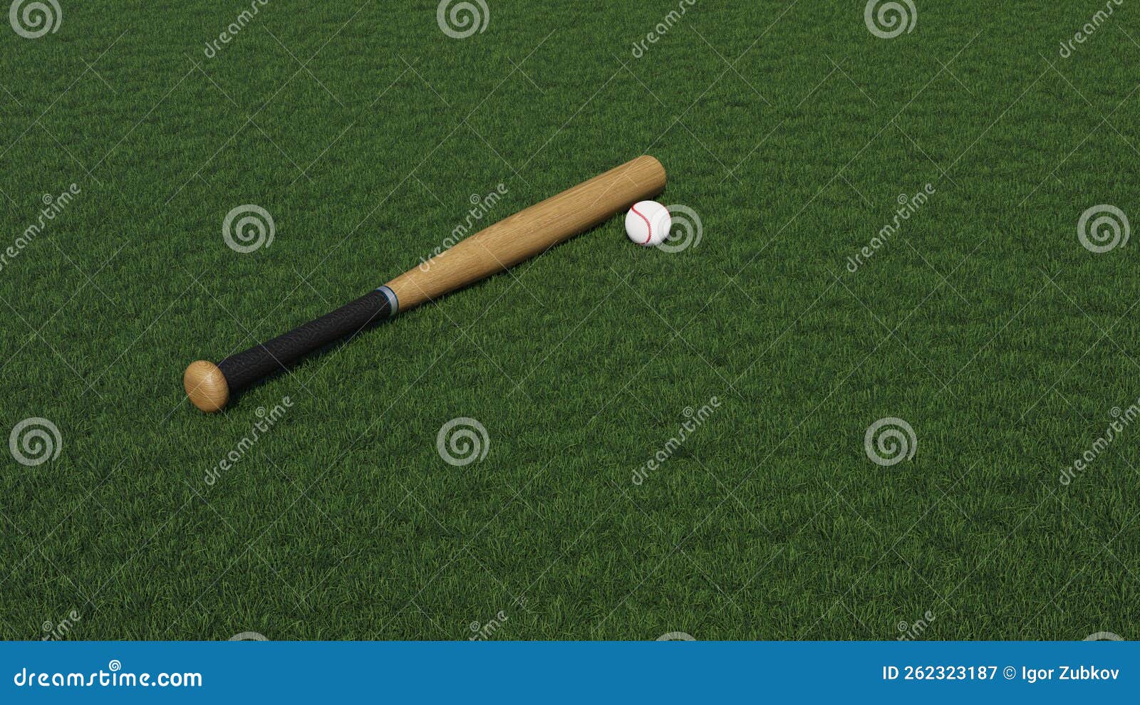 3D Render - a Ball and a Baseball Bat Lie on a Green Lawn Stock ...