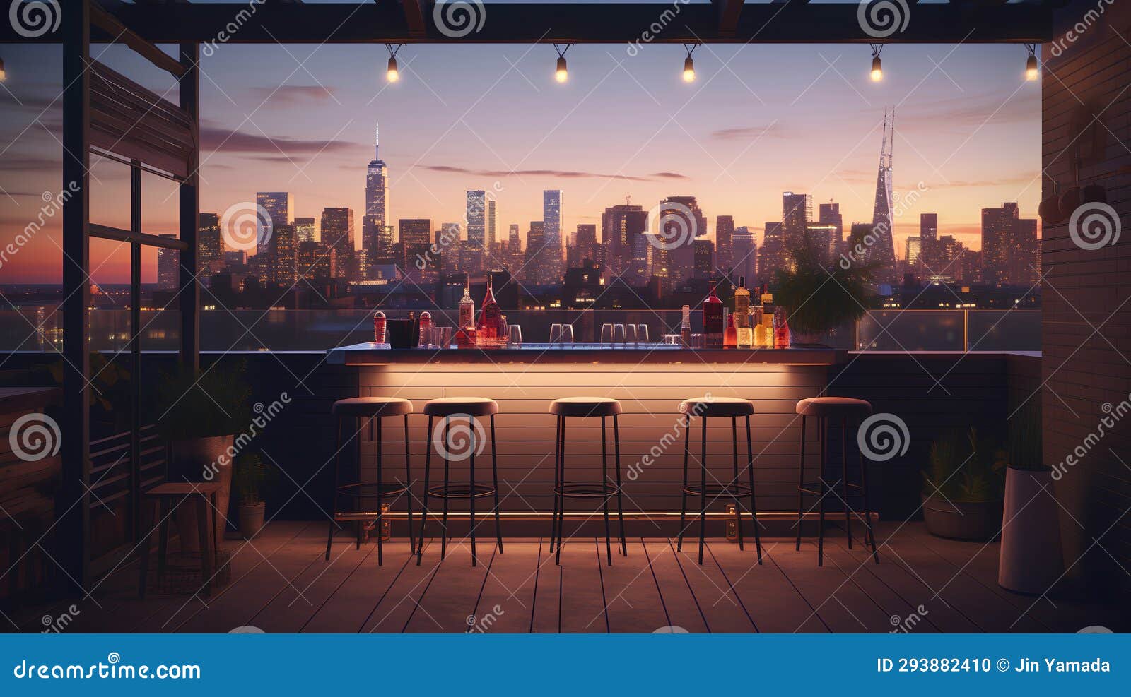 3d Render of Bar Counter and a Beautiful Cityscape at Sunset Stock ...
