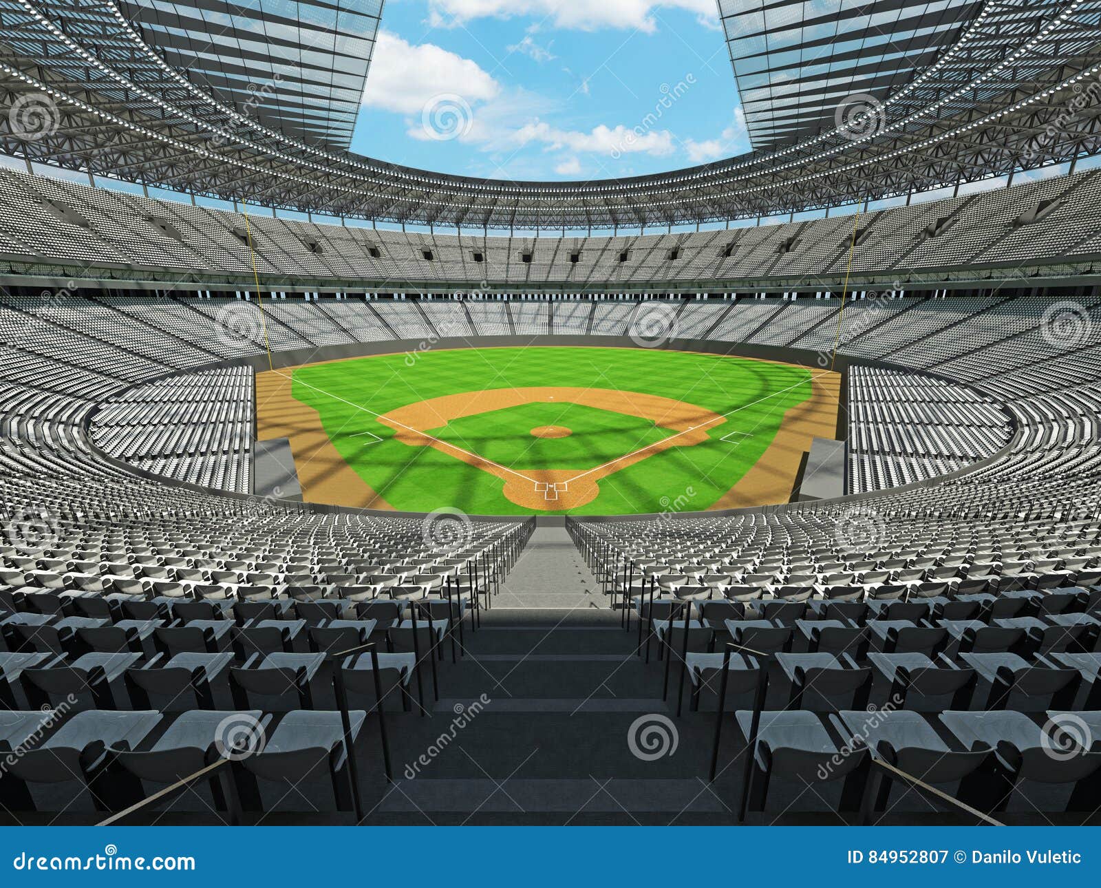 3D Render of Baseball Stadium with White Seats and VIP Boxes Stock ...