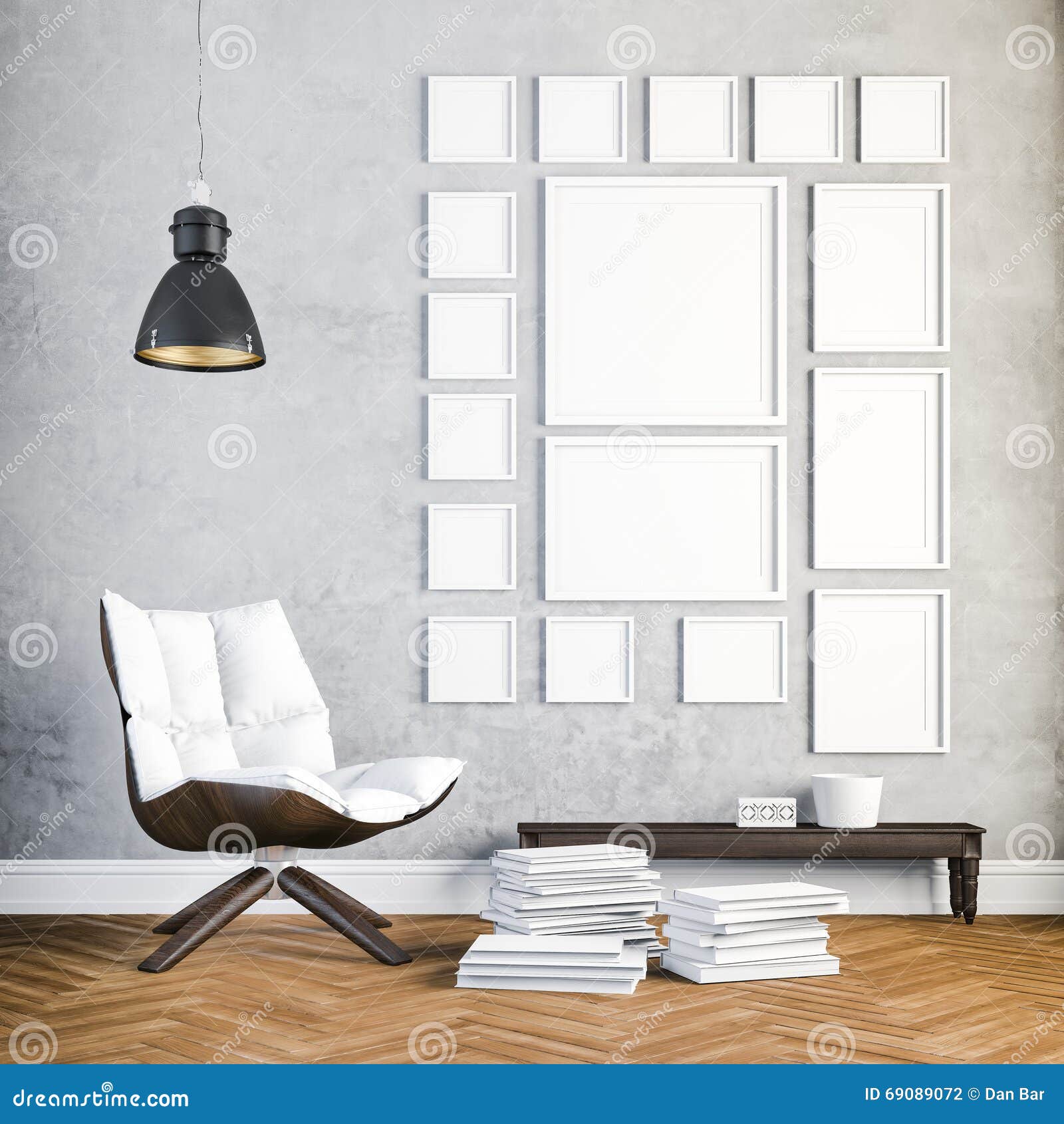 3d Render of Beautiful Interior with Blank Frames and Wooden Floor ...