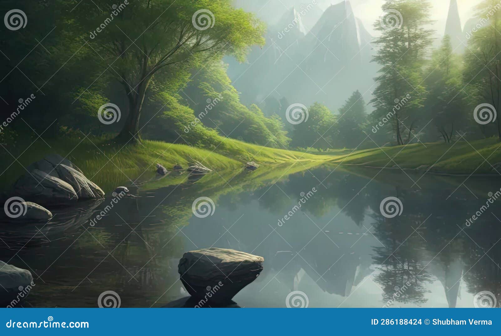3 D Render of a Beautiful Landscape with a River in the Mountains Stock ...