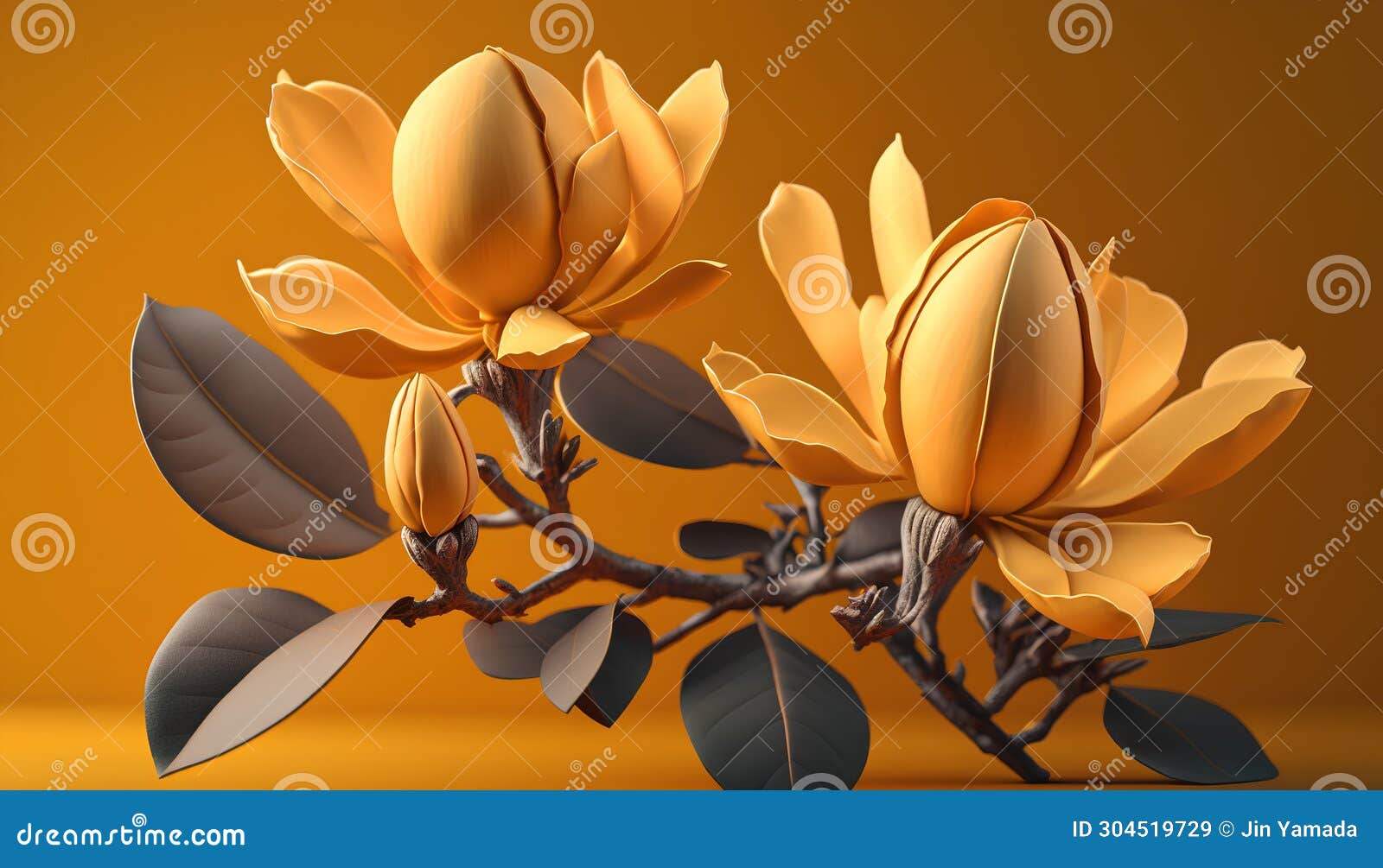 3d Render of Beautiful Yellow Magnolia Flowers on Orange Background ...