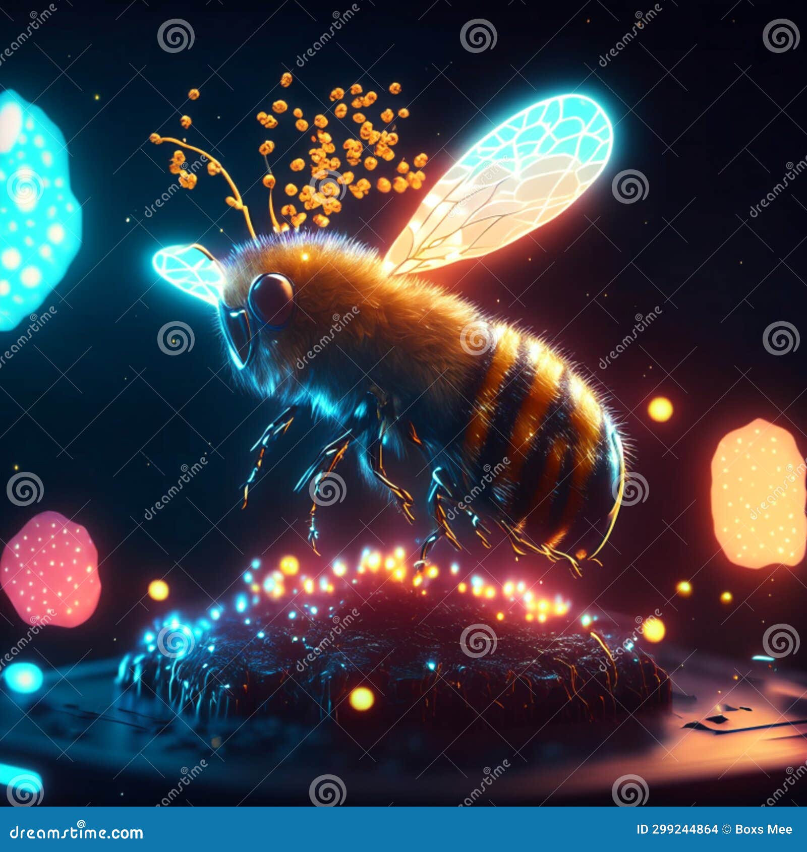 3d Render of a Bee on a Dark Background with Glowing Particles ...