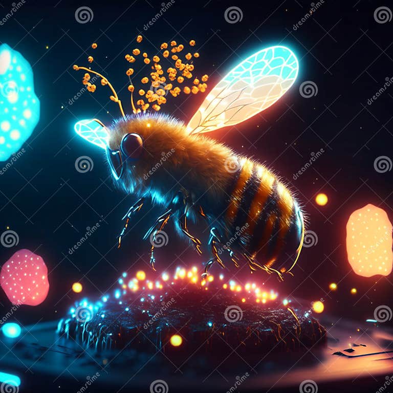 3d Render of a Bee on a Dark Background with Glowing Particles ...