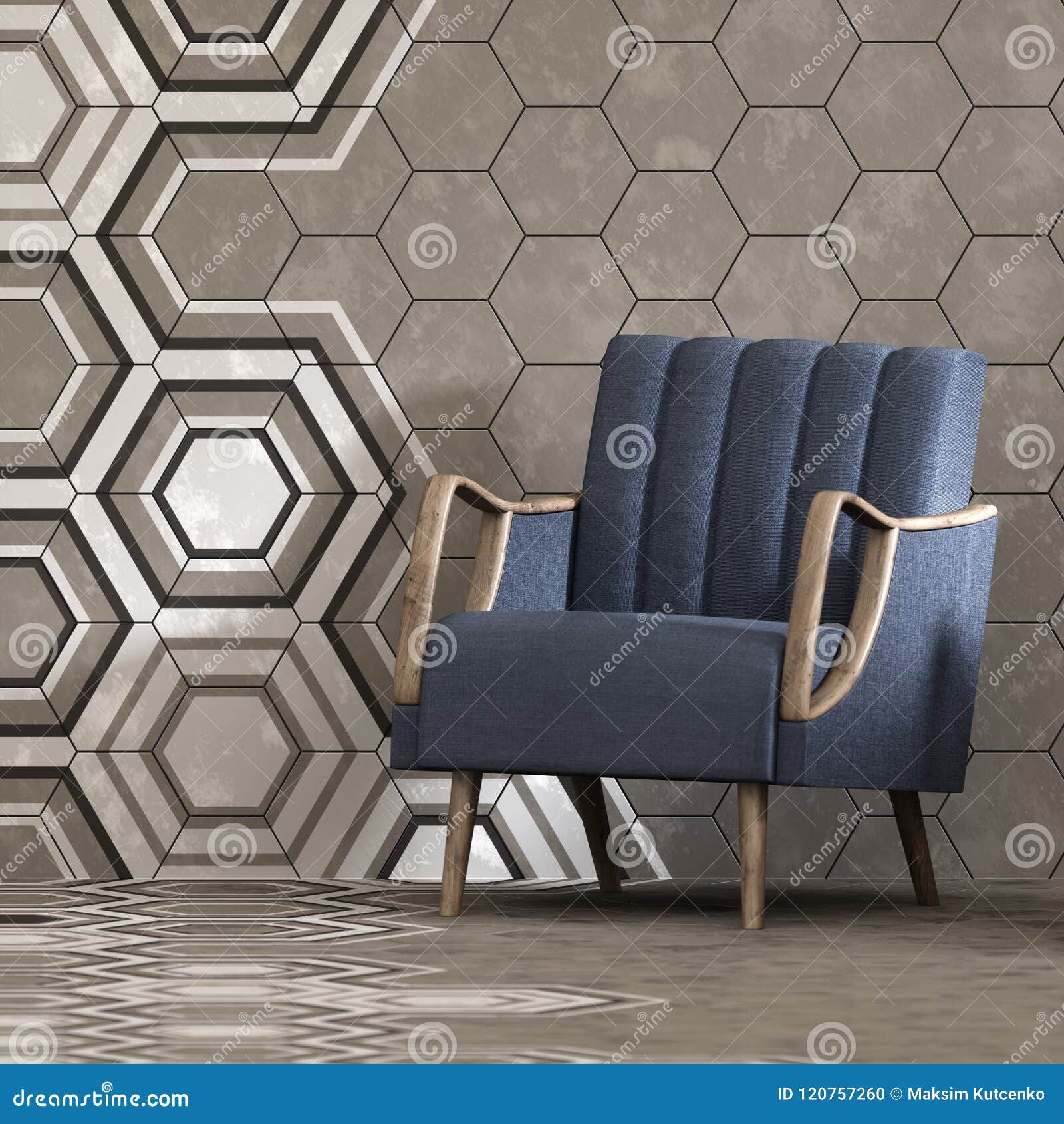 3d Render of Beige Interior with Hexagonal Panels Pattern on Wall and ...