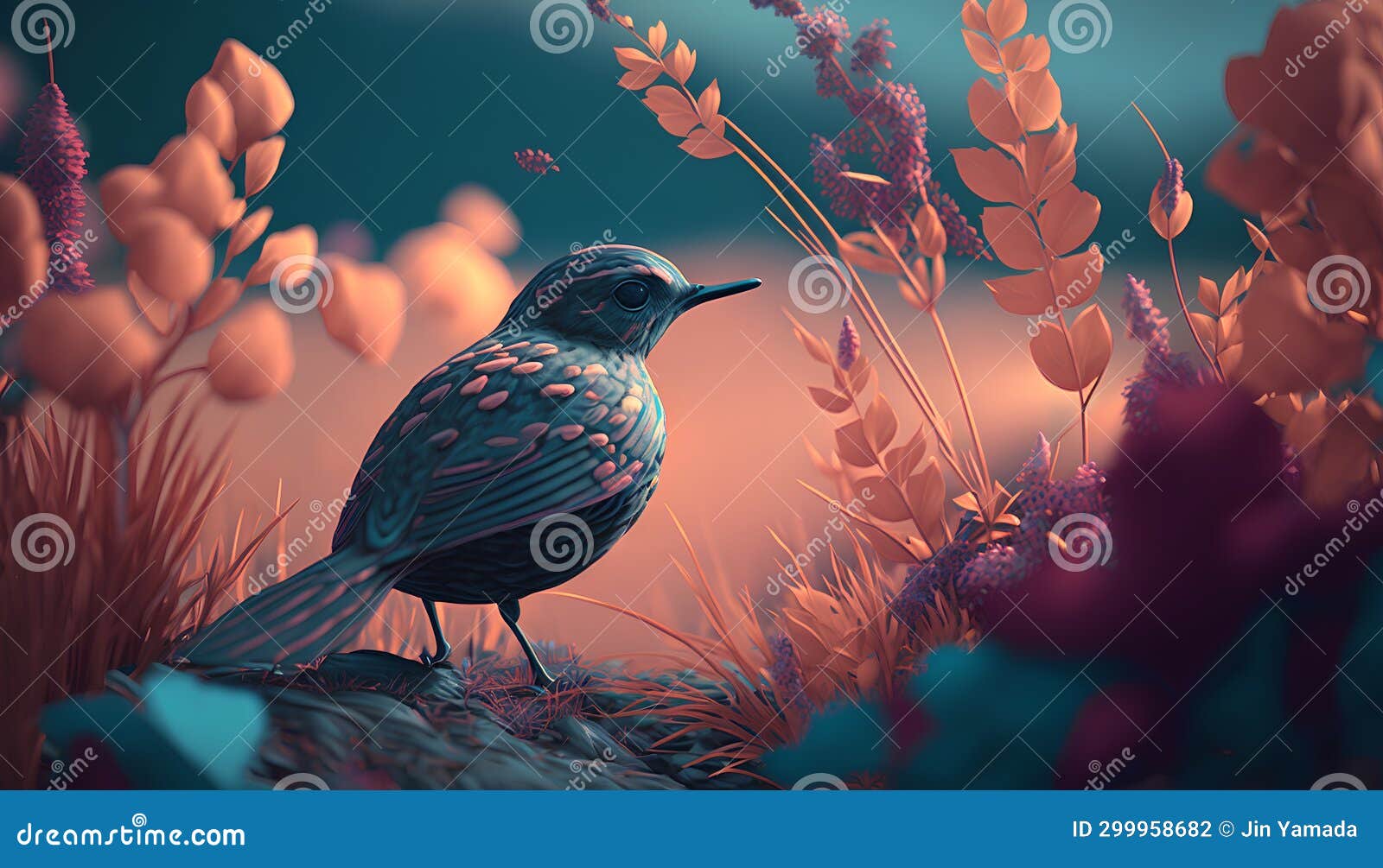 3d Render of a Bird Sitting in a Meadow with Flowers Stock Illustration ...