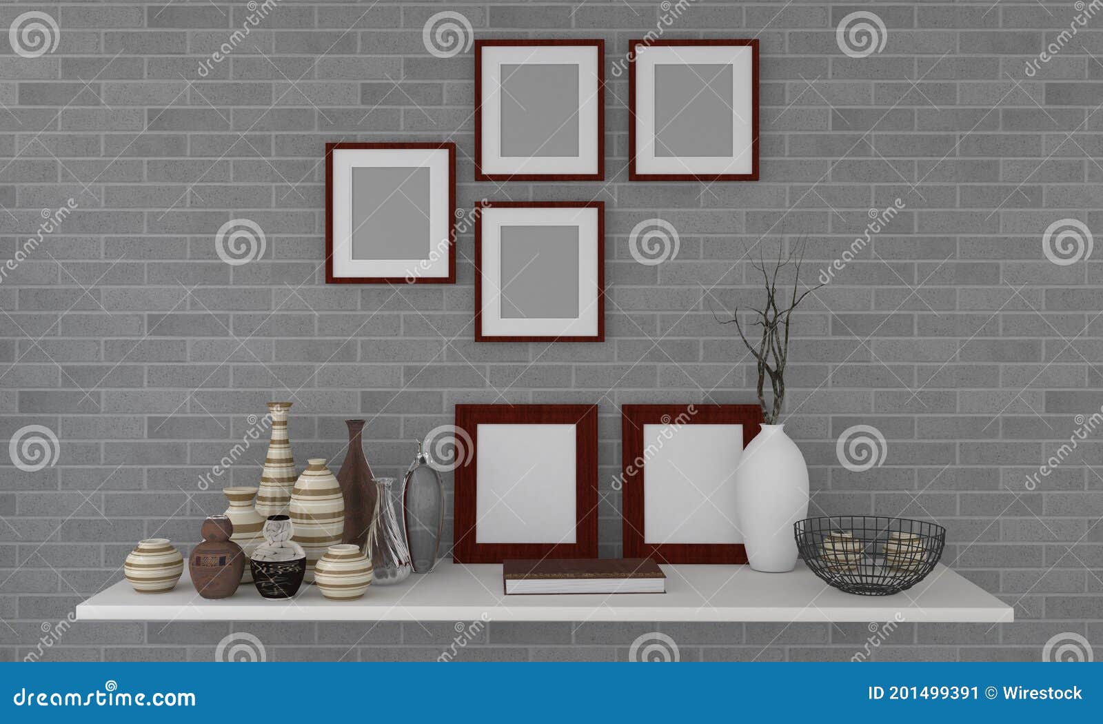 3d Render of Blank Frames with a Shelf with Decoratives Stock ...