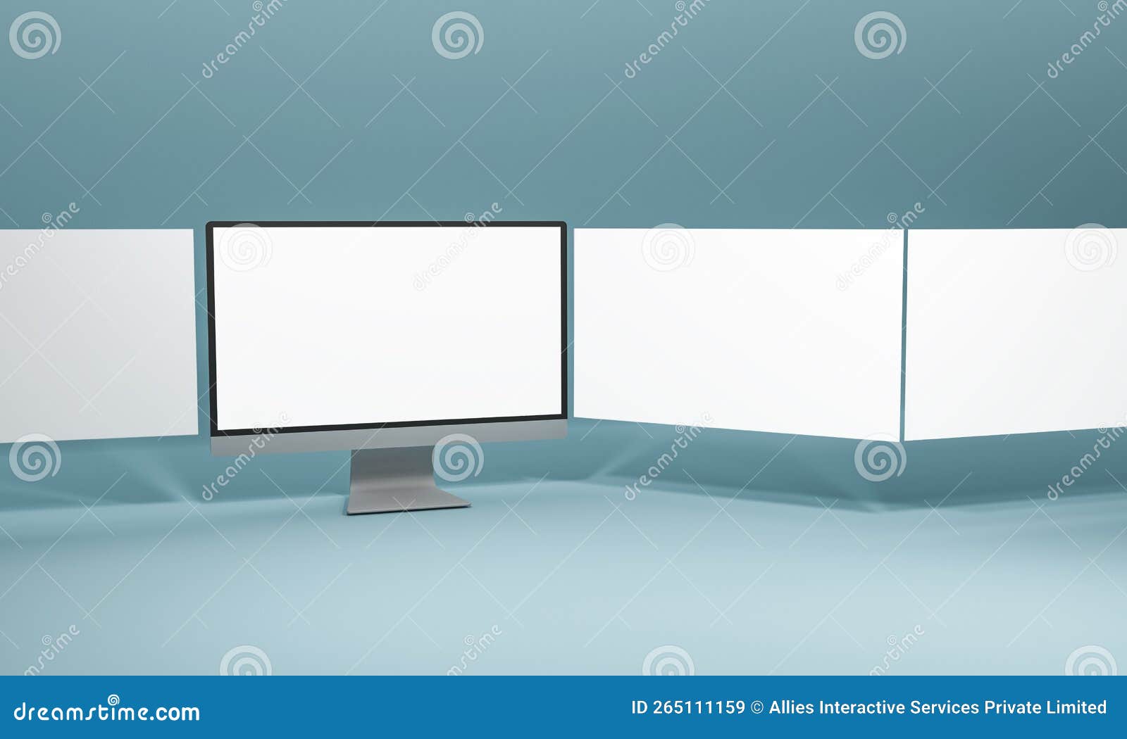 3D Render Blank Multi-Screen Monitor Mockup on Pale Teal Stock ...