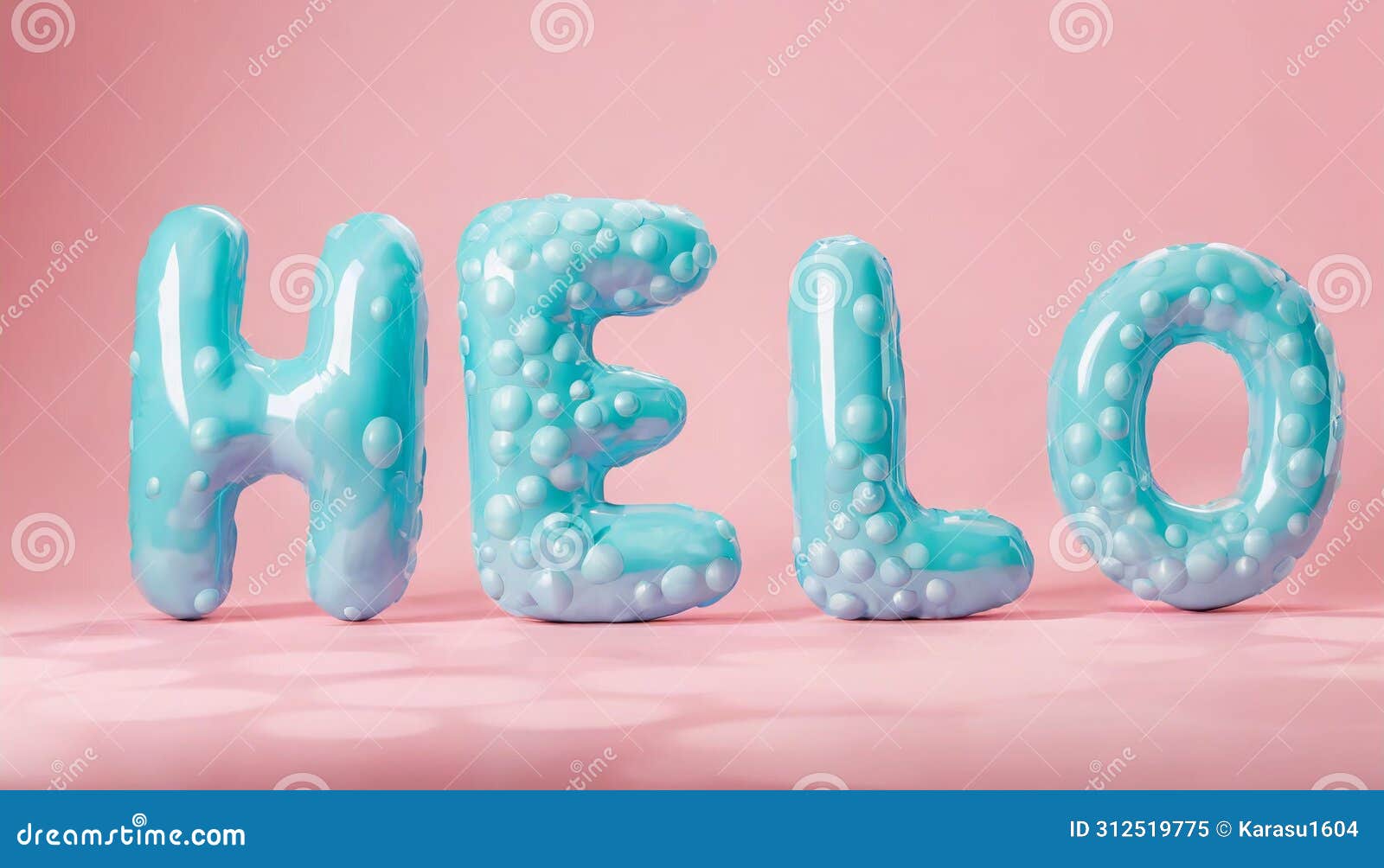 3D Render Blue Bubble Plastic Baloon on Pink Background Letters Helo ...