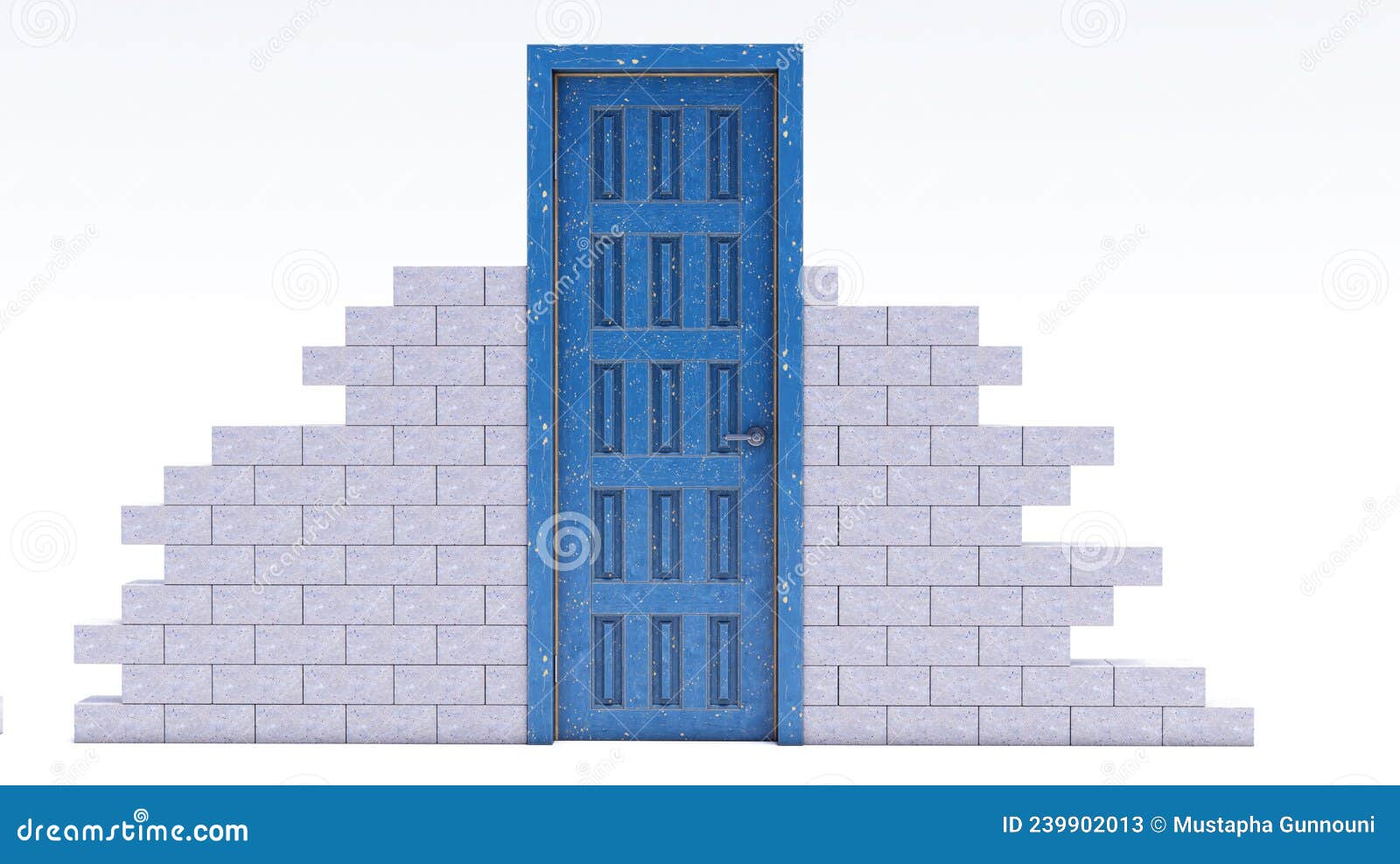 Blue Door with Bricks Isolated on Dark Background, Closed Wooden Door ...