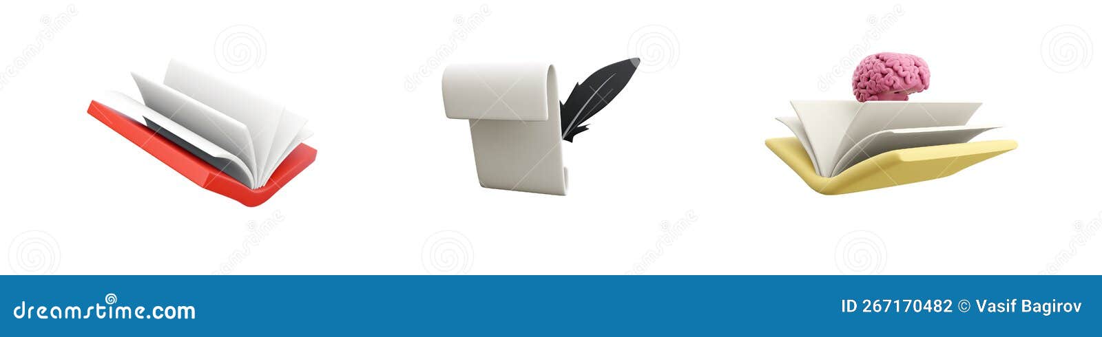 3d Render Book, Paper Roll, Brain on Folder Icon Set on White ...