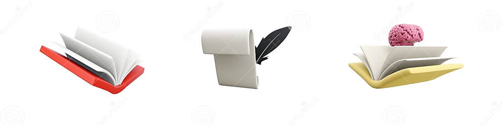 3d Render Book, Paper Roll, Brain on Folder Icon Set on White ...
