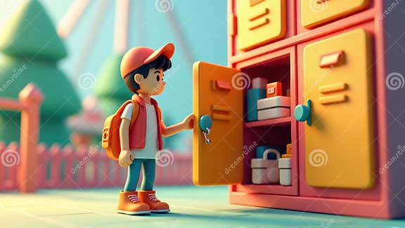 3D Render of Boy Opening Locker at School or Camp Stock Illustration ...