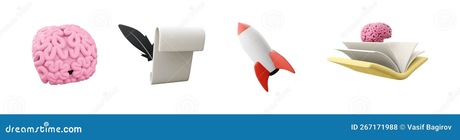 3d Render Brain, Paper, Rocket and Brain in Folder on White Background ...
