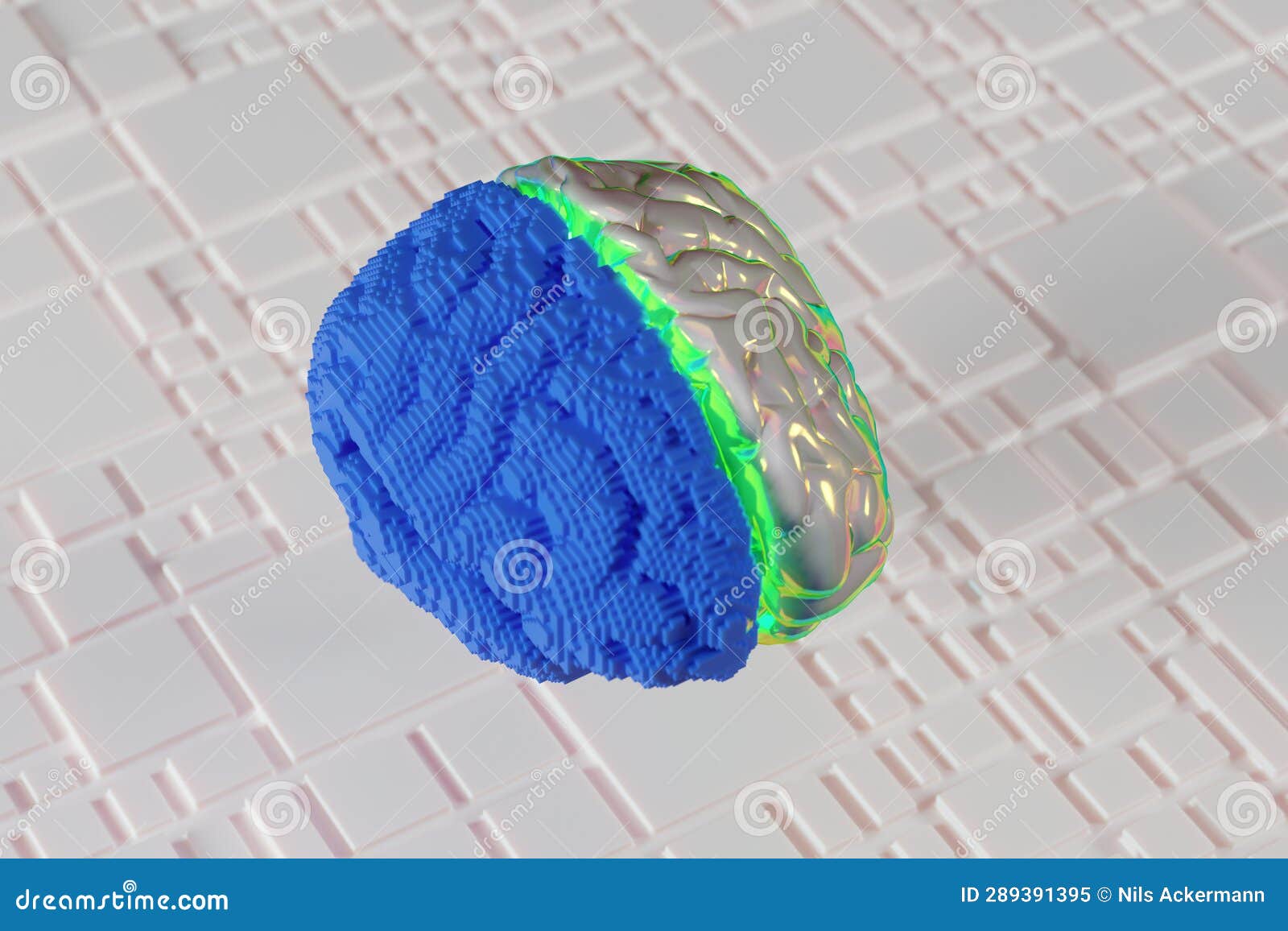 3D Render of a Brain Split in the Middle by a Green Laser Beam. Concept ...