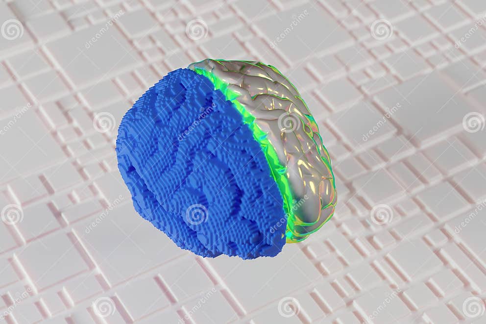 3D Render of a Brain Split in the Middle by a Green Laser Beam. Concept ...