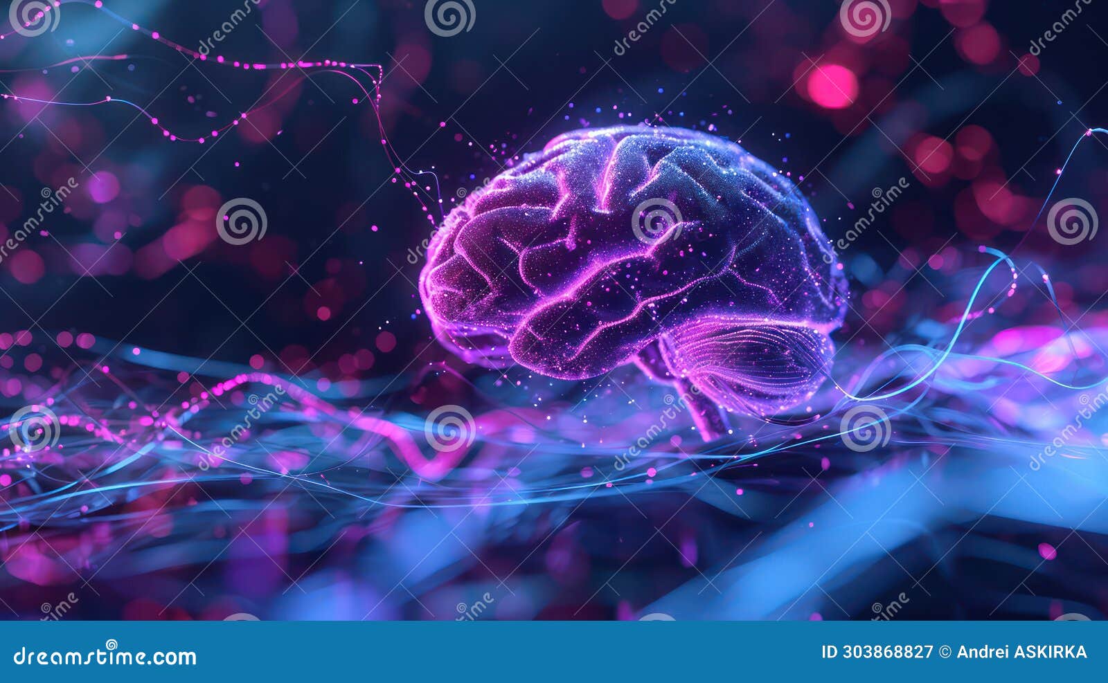 3D Render, Brain Waves, Neurons, Electric Waves Flowing, Human Brain ...