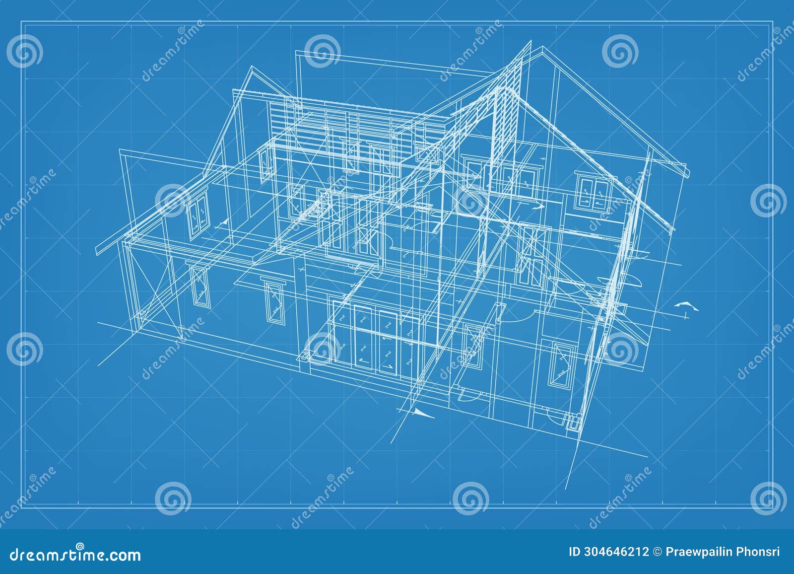 3D Render of Building Wireframe Structure. Perspective Wireframe of ...