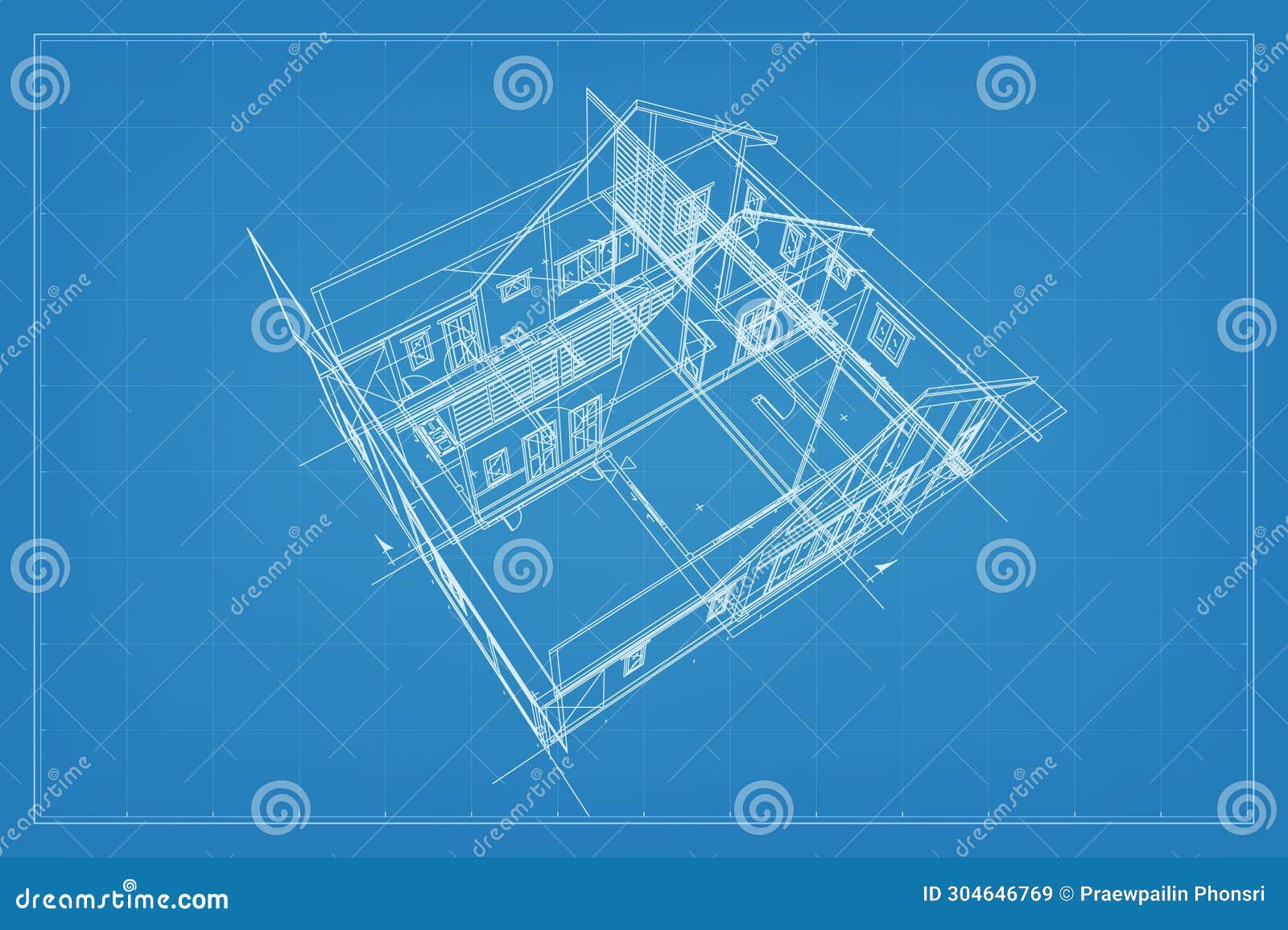 3D Render of Building Wireframe Structure. Perspective Wireframe of ...