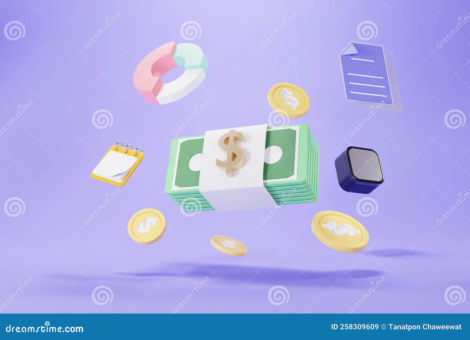 3d Render of Bundle of Cash or Money Around with Floating Graph, Coins ...
