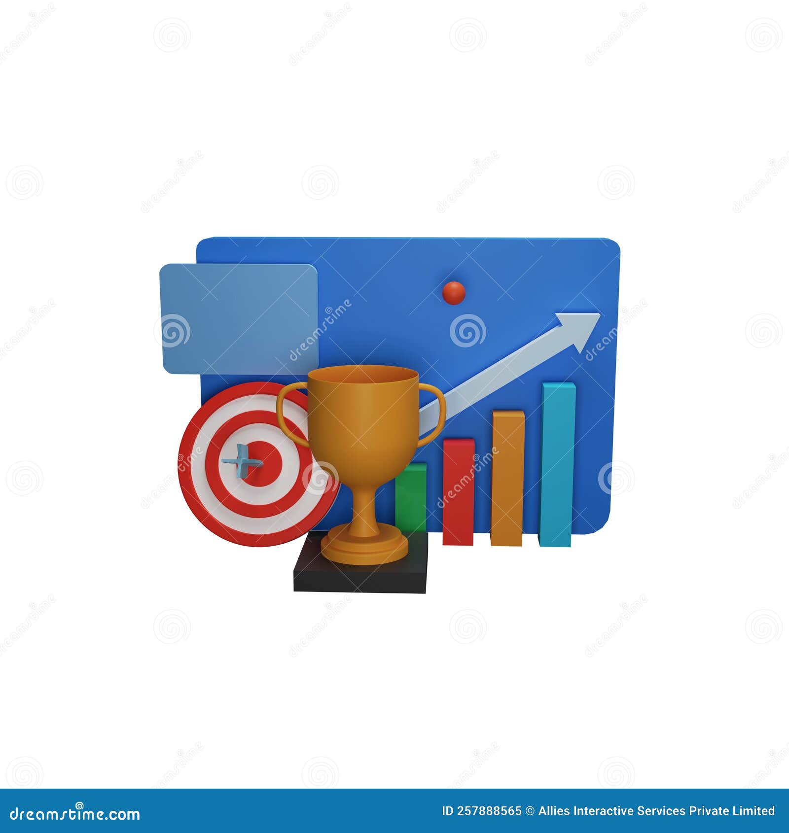 3D Render of Business Growth Graph with Dartboard and Trophy Cup on ...