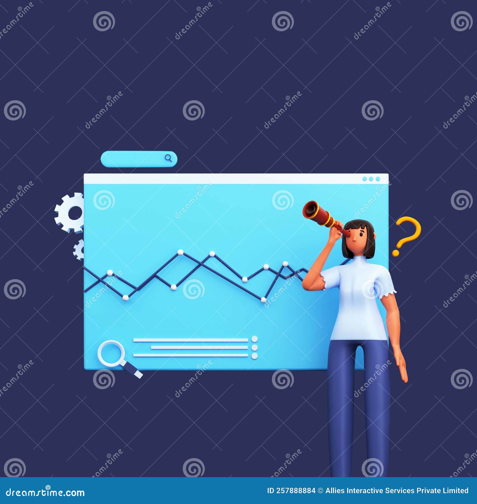 3D Render of Business Woman Searching and Presenting Statistic Chart on ...